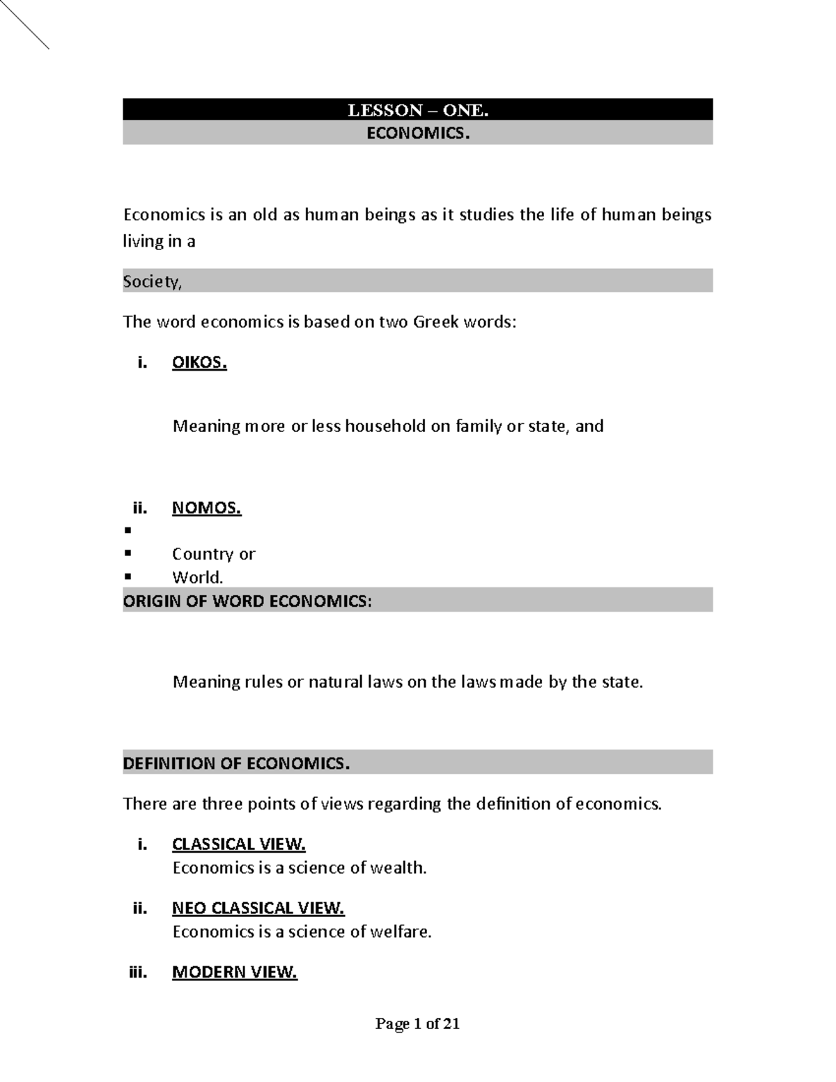 ME-1 Chapter - LESSON – ONE. ECONOMICS. Economics is an old as human ...