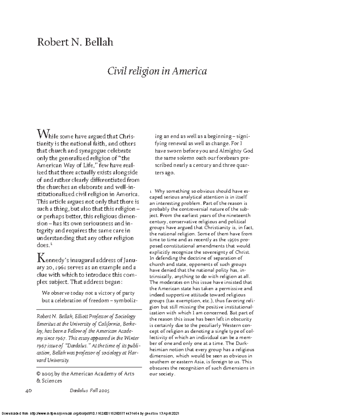 Civil Religion in America - This article argues not only that there is ...