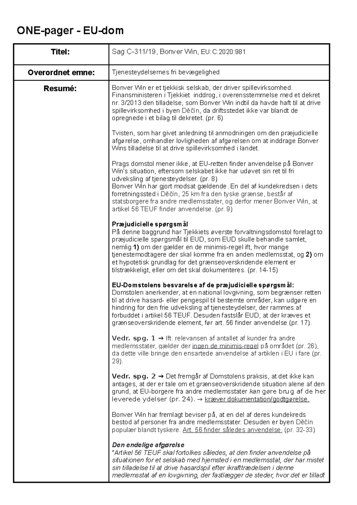 ONE-pager - EU-dom - Bonver Win - ONE-pager - EU-dom Titel: Sag C-311/ ...