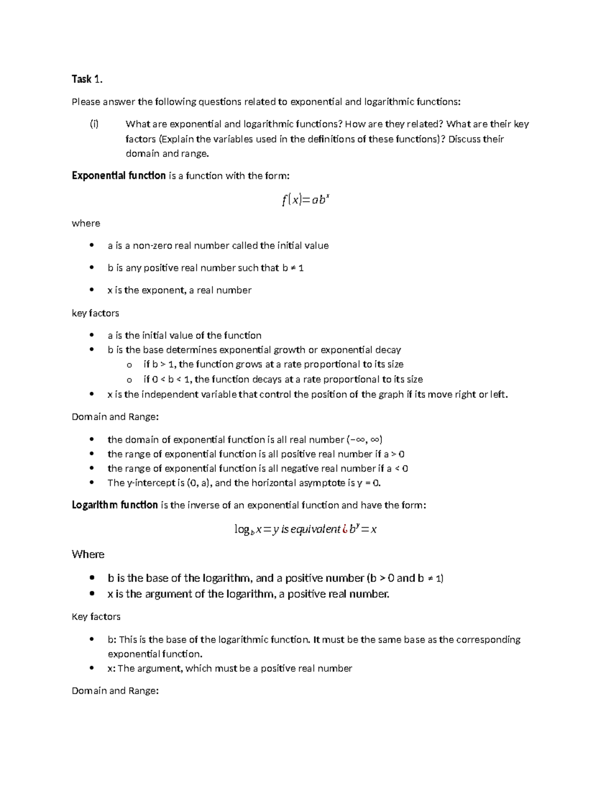College Algebra - Math Assignment Unit 5 - Task 1. Please answer the ...