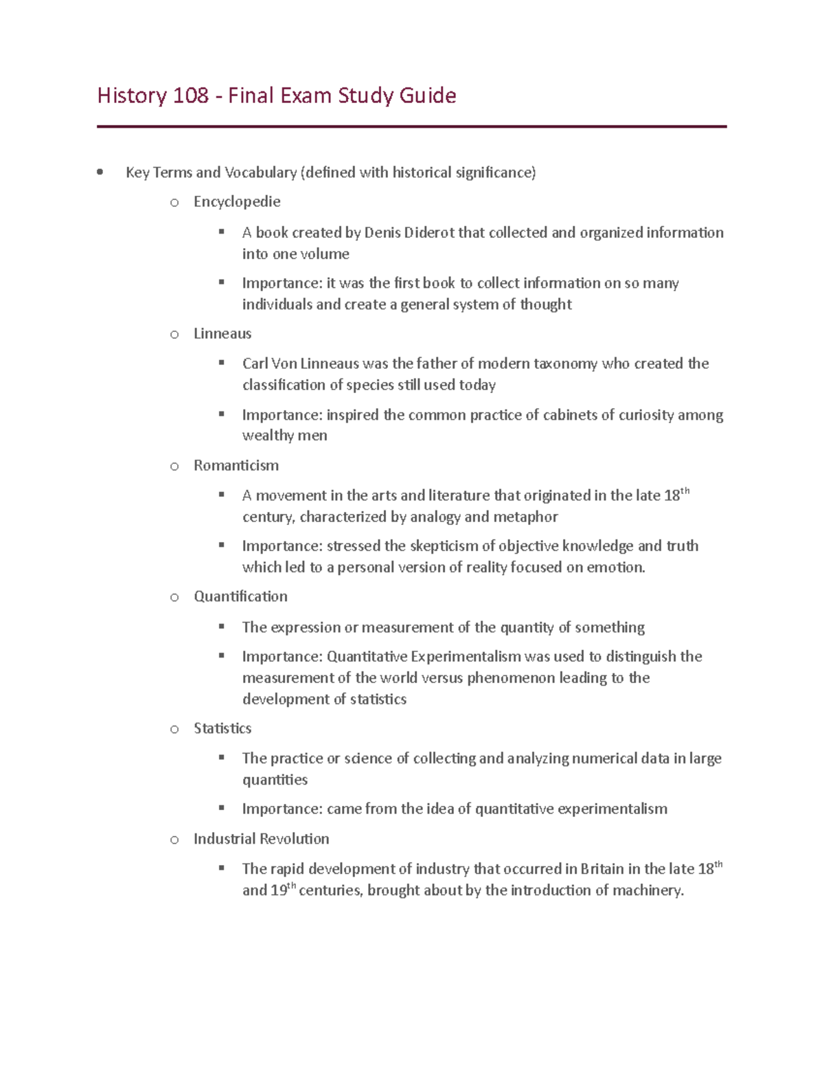 History 108 Final Study Guide - History 108 Final Exam Study Guide Key ...