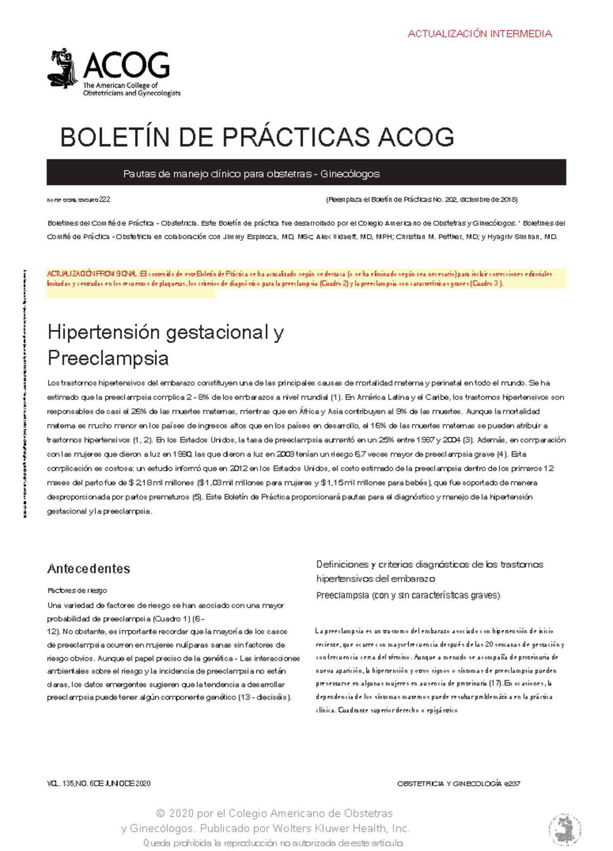 ACOG 2020 español - sjsj - ACTUALIZACIÓN INTERMEDIA BOLETÍN DE PRÁCTICAS ACOG Pautas de manejo ...