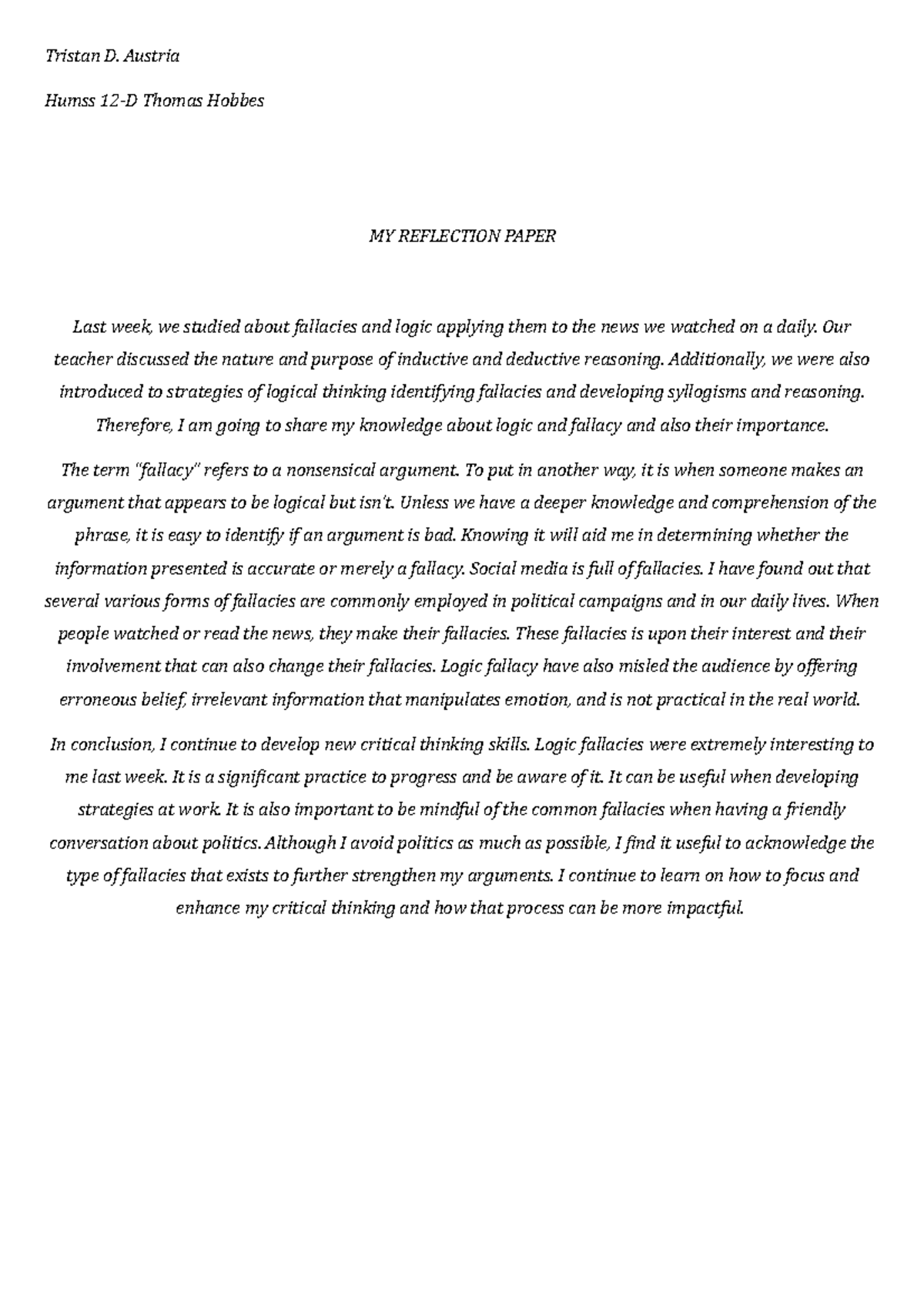 Reflection Paper Logic Fallacy - Tristan D. Austria Humss 12-D Thomas ...