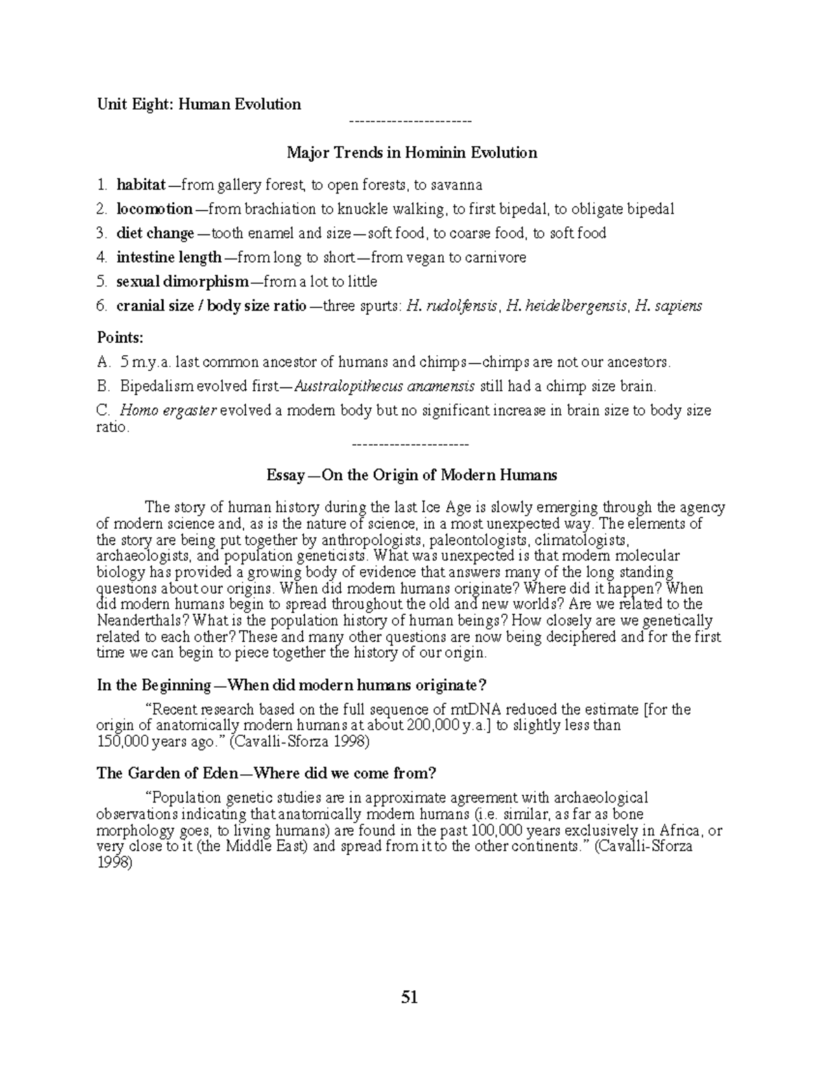 Biology Honors-51 - 51 Unit Eight: Human Evolution - Major Trends in ...
