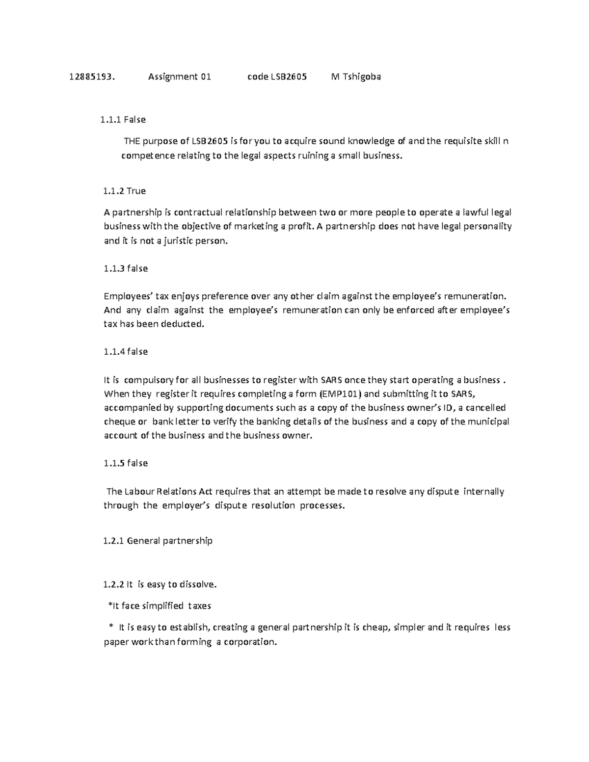 LSB2605-1 - my assignment - Assignment 01 code LSB2605 M Tshigoba 1.1 ...