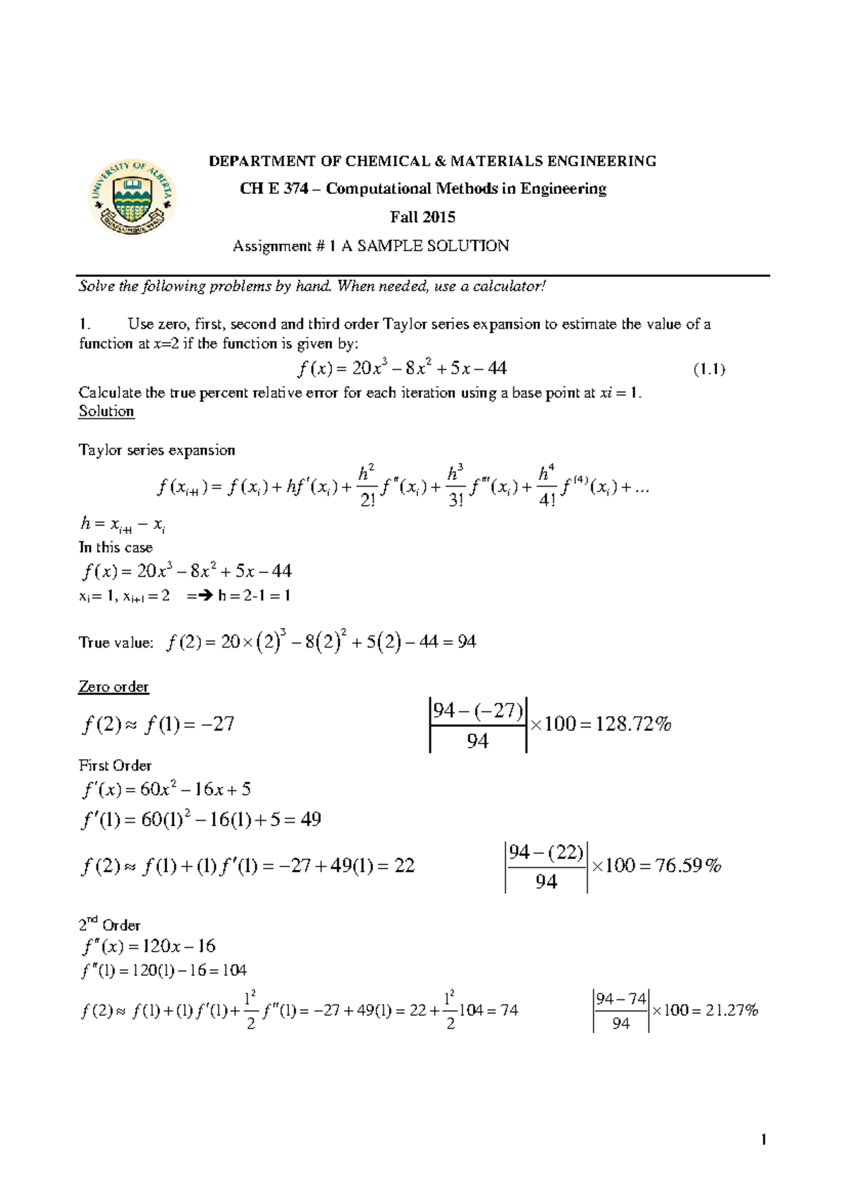 Pdf - Assignment 5 - ####### CH E 374 – Computational Methods in Engineering ####### Fall 2015 ...