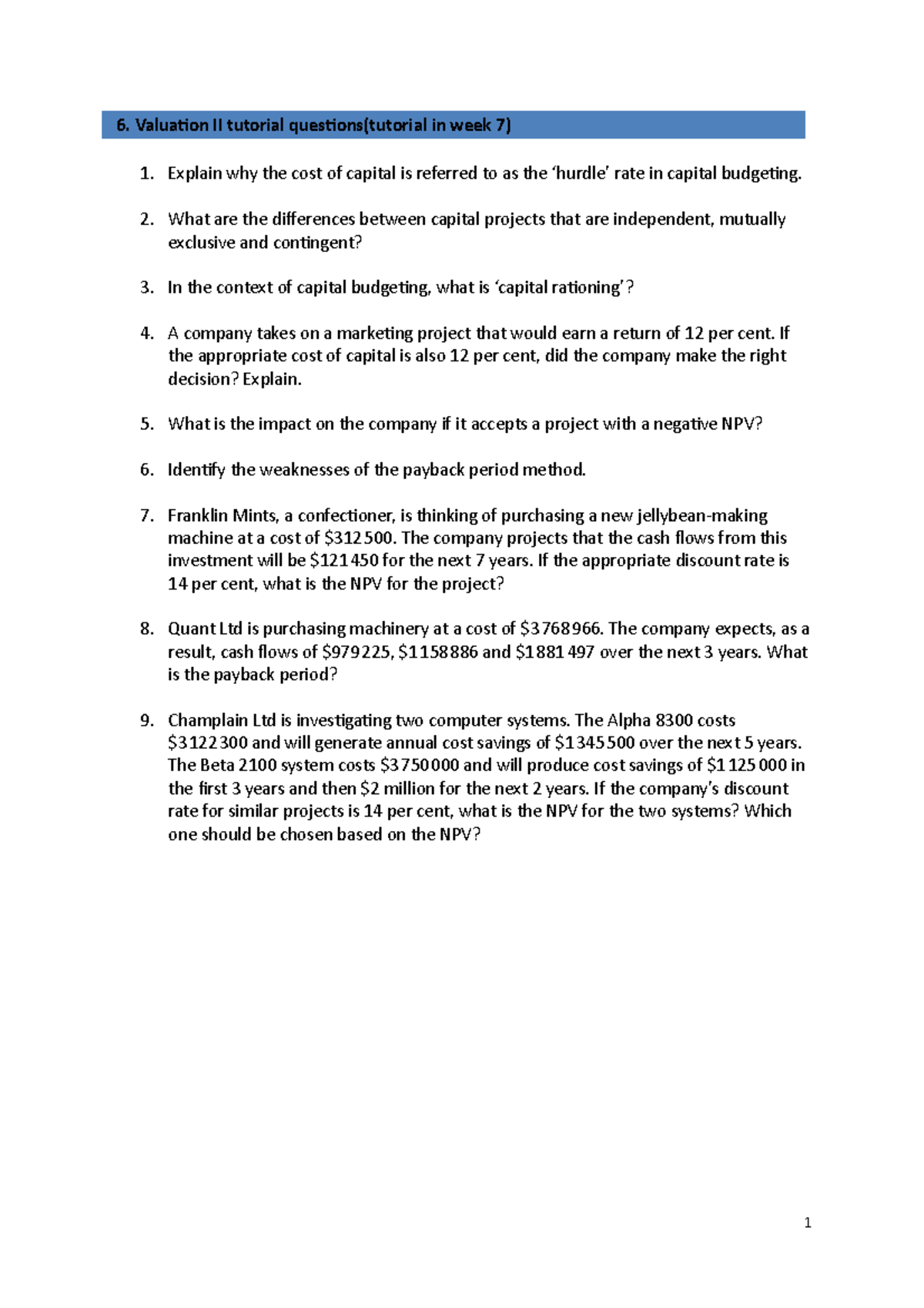 6. Valuation II questions - Valuation II tutorial questions(tutorial in ...
