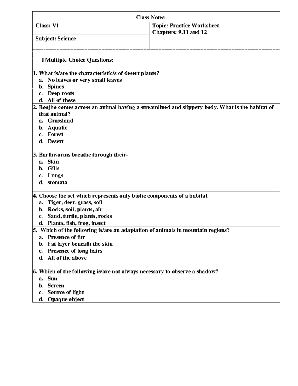 6-Science - stock - Class Notes Class: VI Topic: Practice Worksheet ...