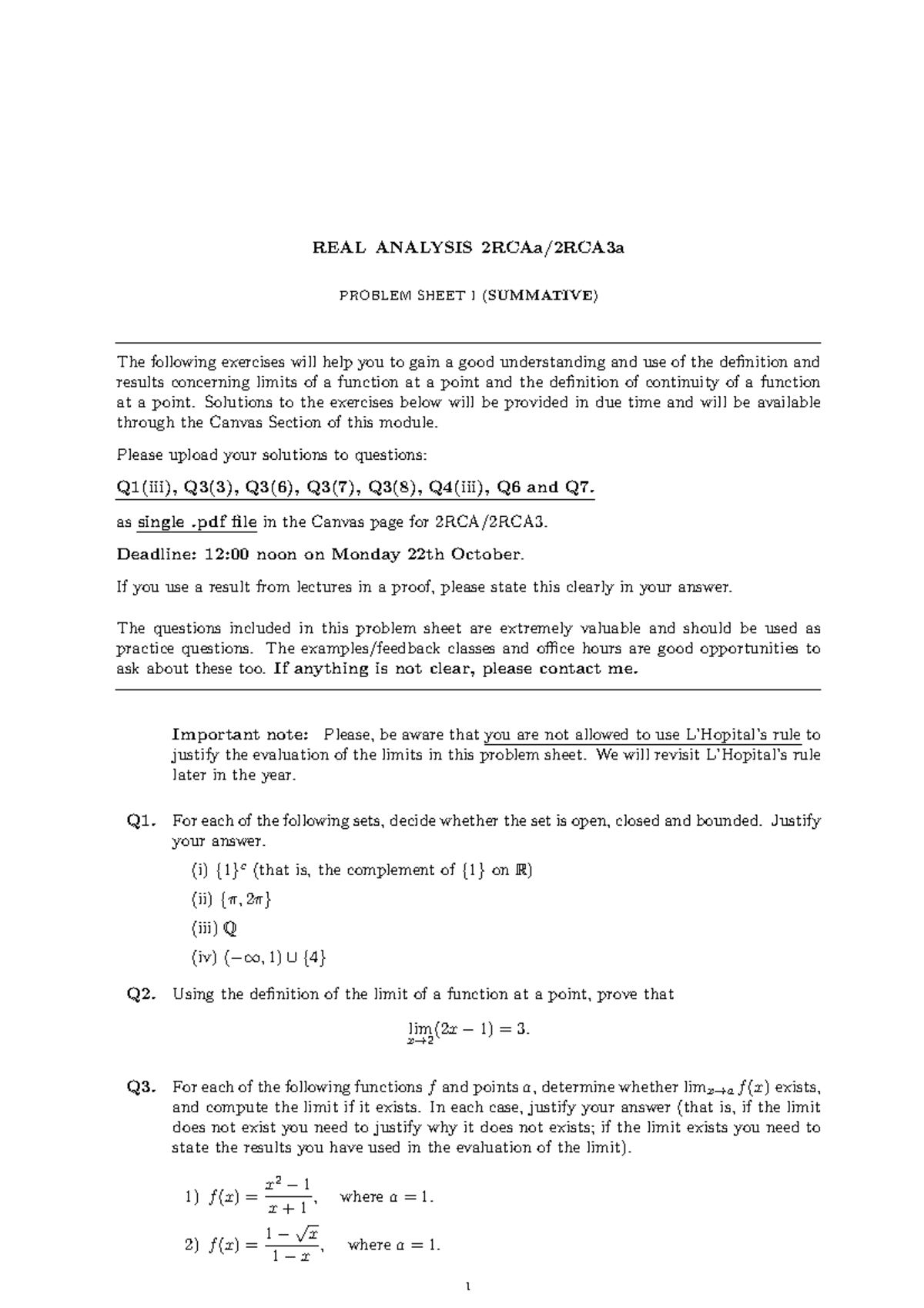 Problem Sheet 1 - REAL ANALYSIS 2RCAa/2RCA3a PROBLEM SHEET 1 (SUMMATIVE ...