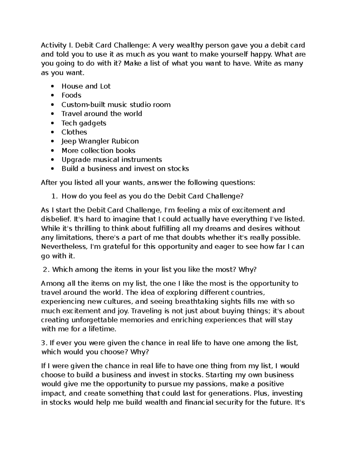 Activity 8 UNDERSTANDING THE SELF - Activity I. Debit Card Challenge: A ...