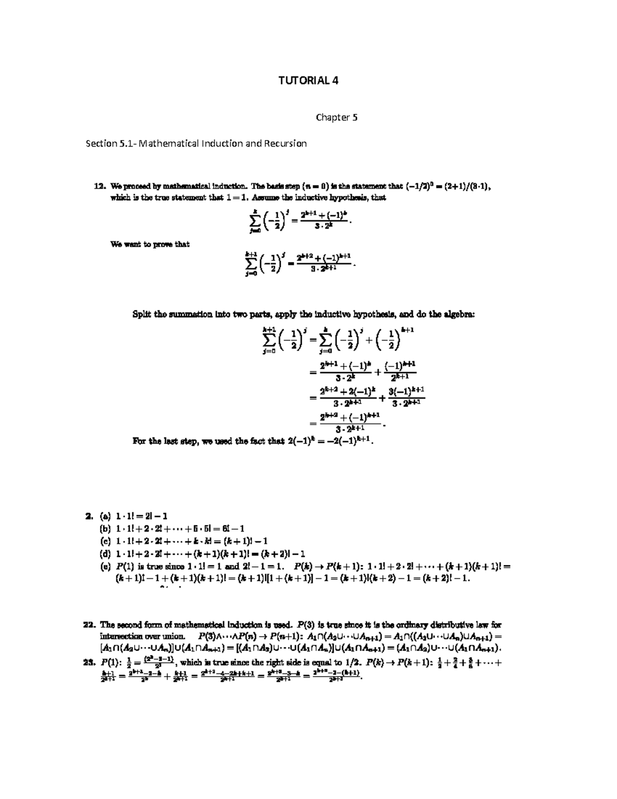 Tutorial 4-R - COEN 231 - TUTORIAL 4 Chapter 5 Section 5- Mathematical Induction and Recursion ...
