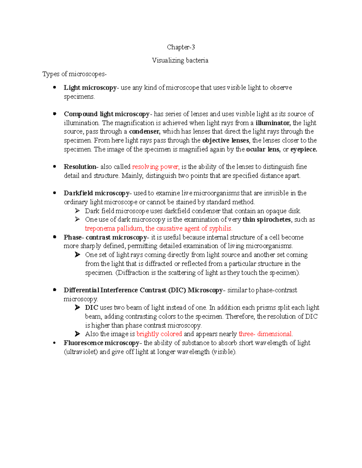 Chapter 3 - Notes - Chapter- Visualizing bacteria Types of microscopes ...