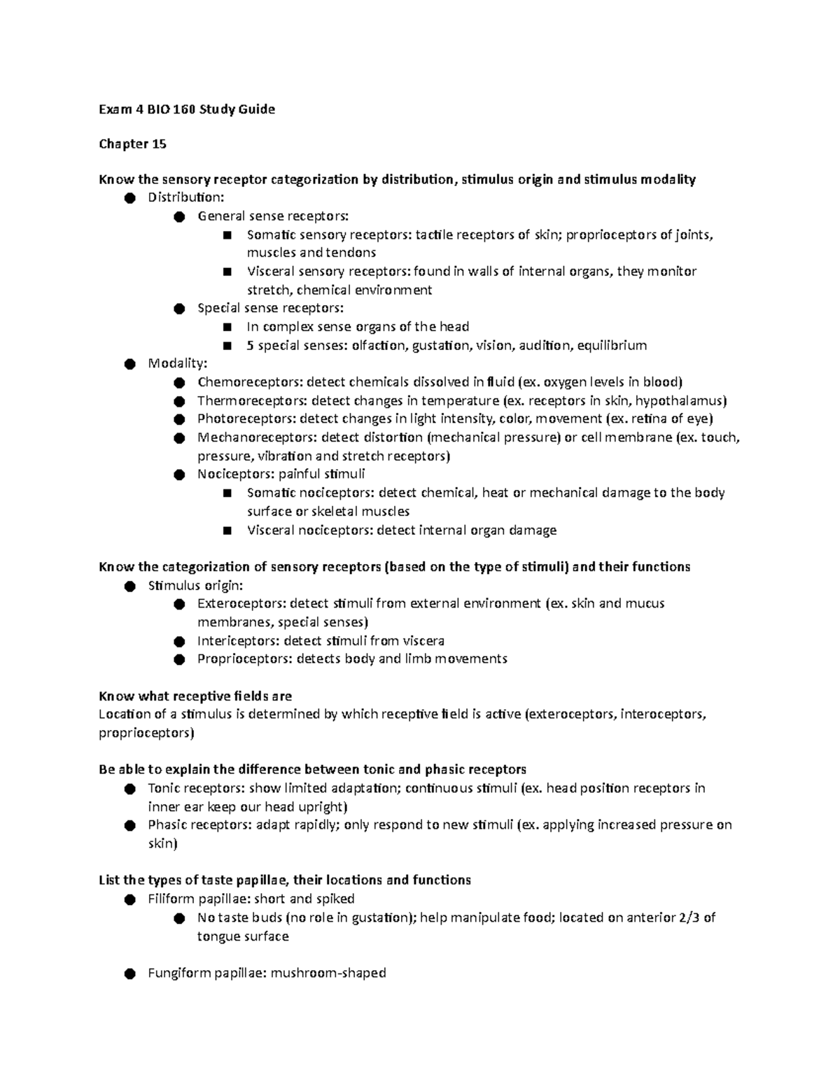 Anatomy Study Guide Exam 4 - Exam 4 BIO 160 Study Guide Chapter 15 Know ...