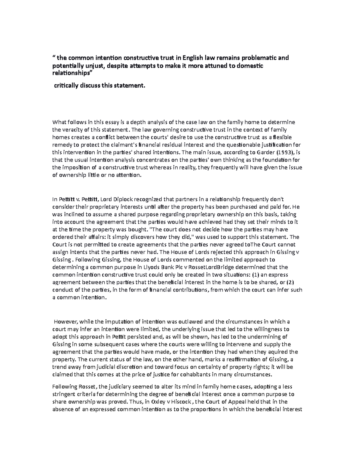 Co ownership essay implied - “ the common intention constructive trust ...