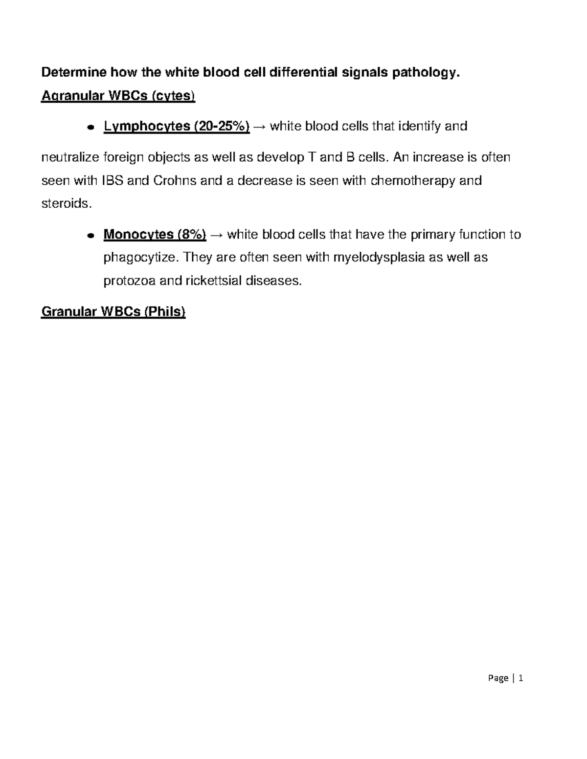 Determine how the white blood cell differential signals pathology ...