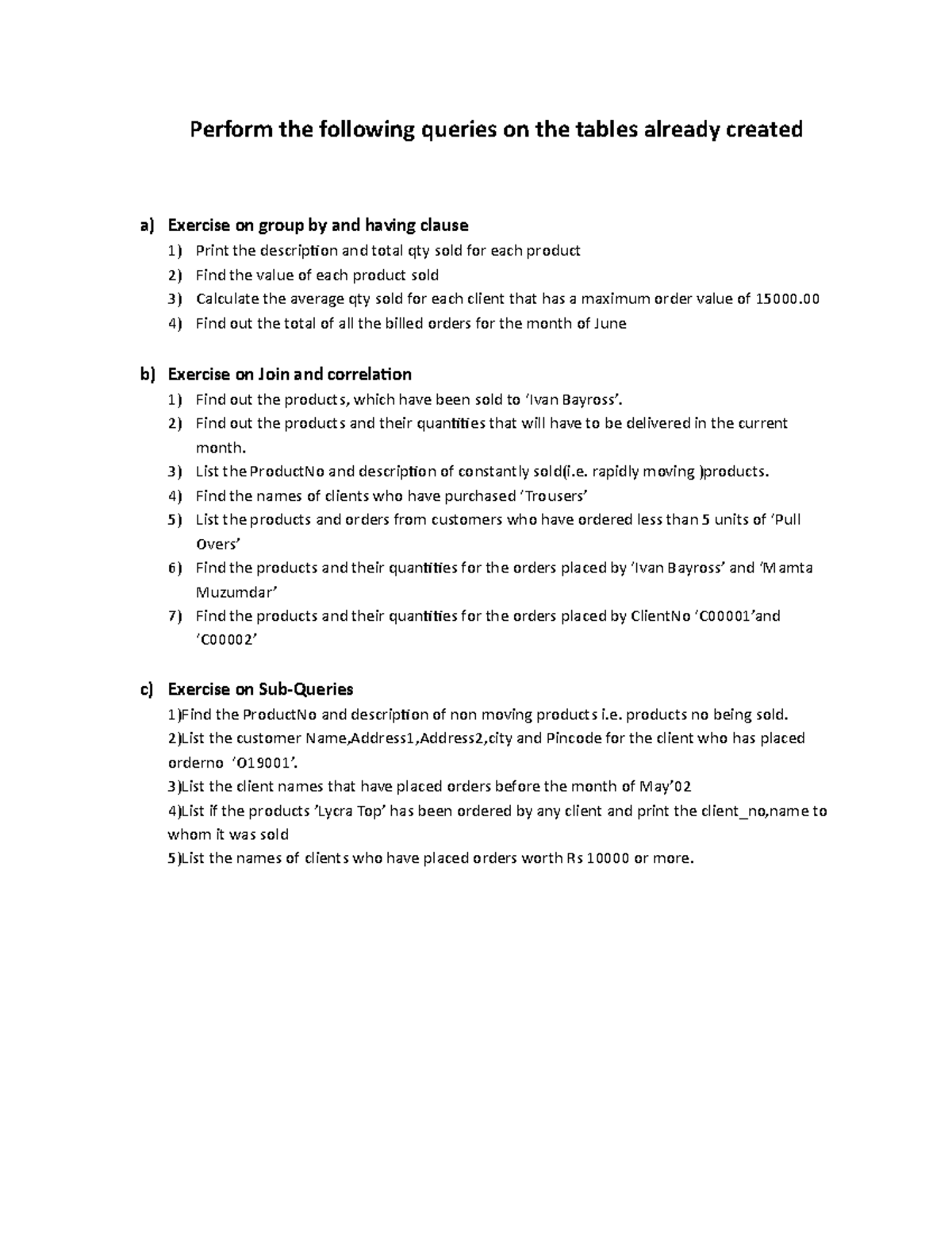 Adbms lab practical material - Perform the following queries on the tables already created a ...