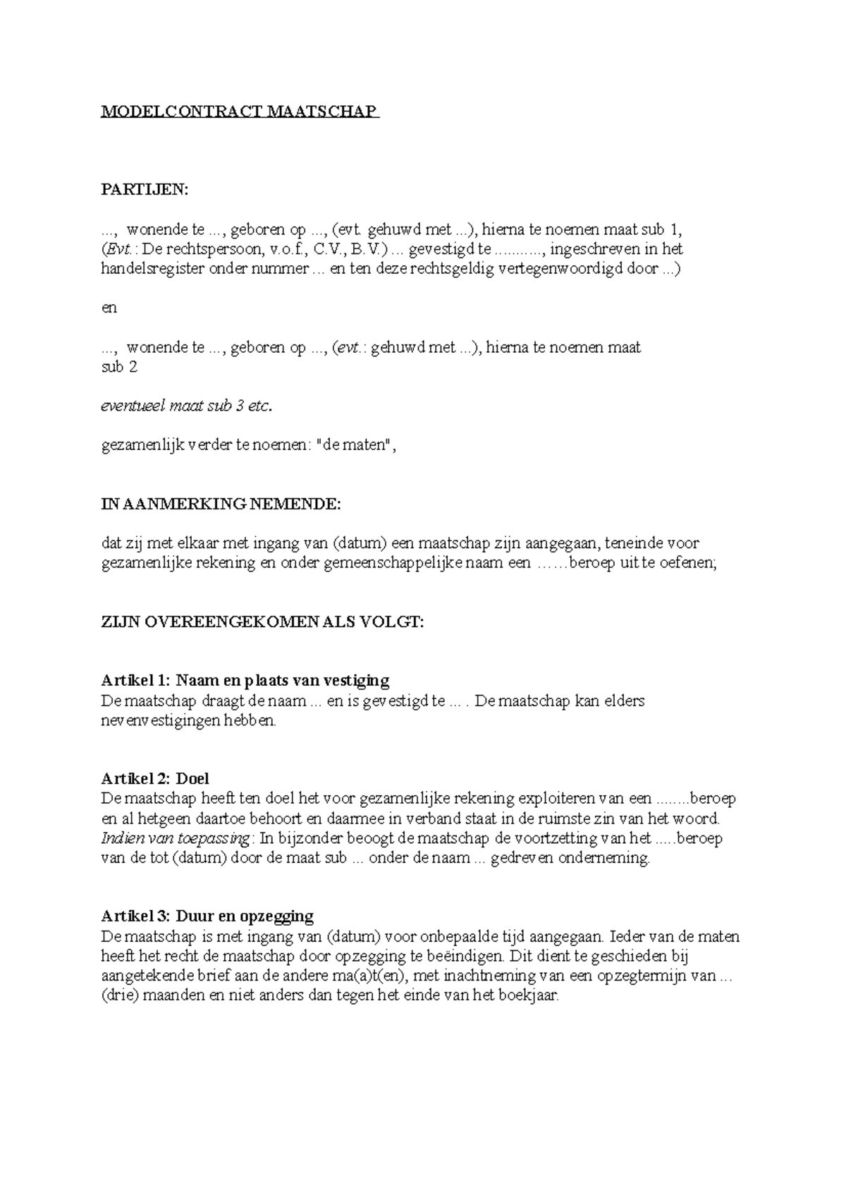 Maatschapscontract-Voorbeeld - MODELCONTRACT MAATSCHAP PARTIJEN ...