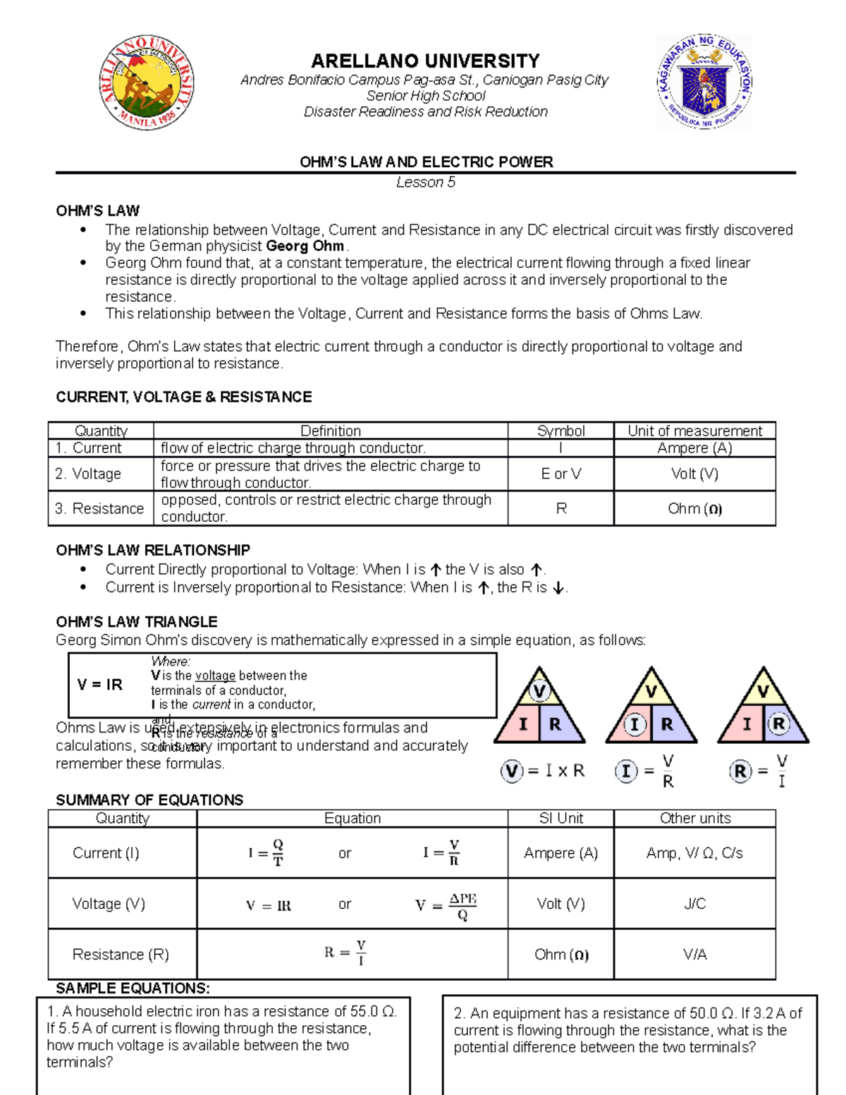 Genphy 2 - Lesson 5 - Omh's Law Module - ARELLANO UNIVERSITY Andres ...