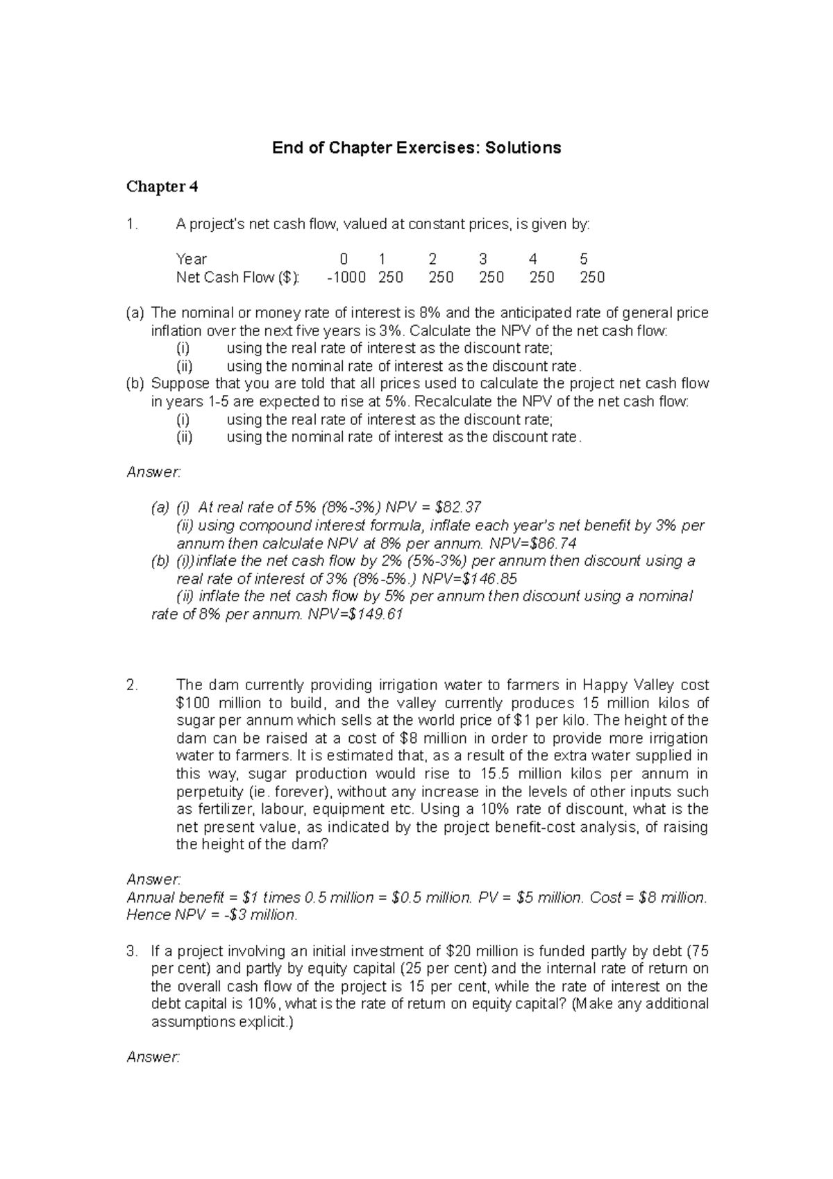 Solutions Ch 4 - vbvbvb - End of Chapter Exercises: Solutions Chapter 4 A project’s net cash ...