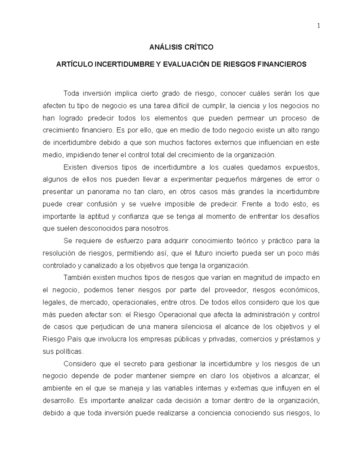 ANALISIS CRITICO SOBRE EL ARTÍCULO INCERTIDUMBRE Y EVALUACIÓN DE ...