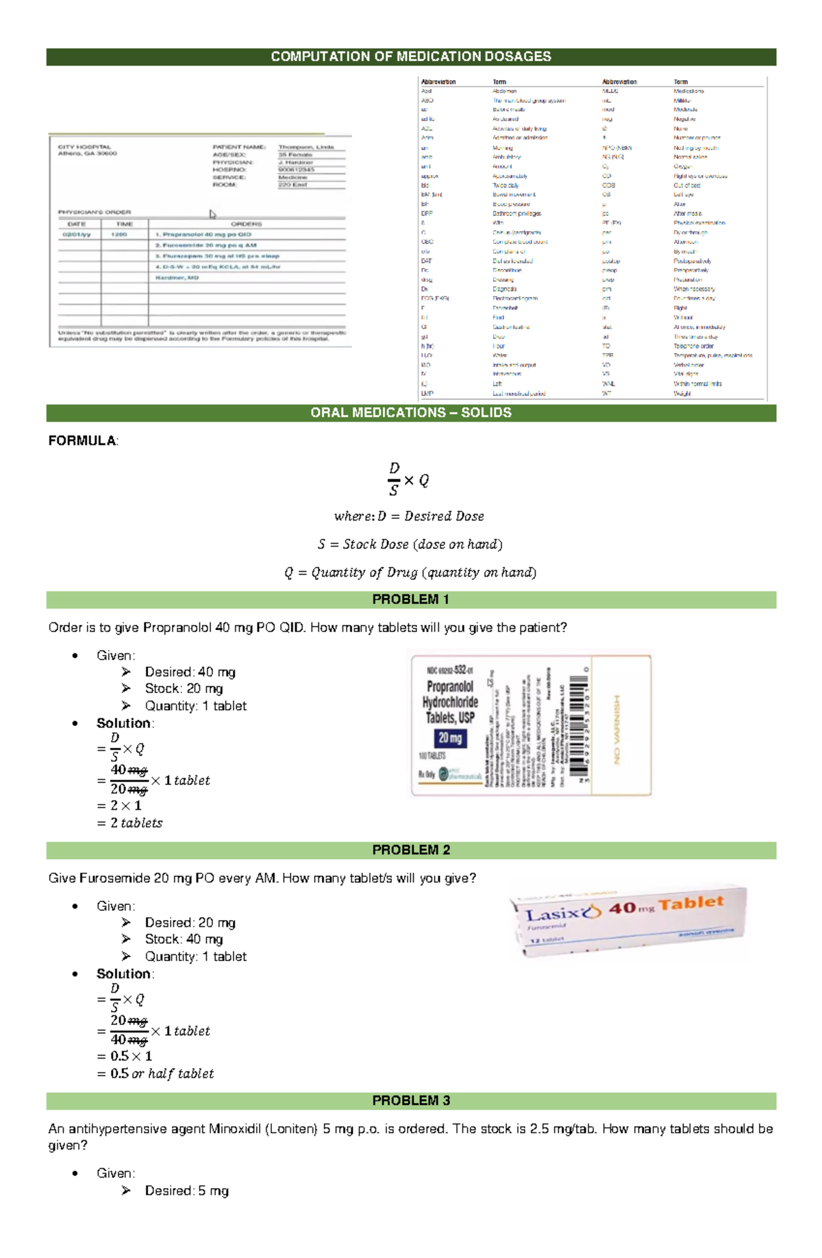 Computation OF Medication Dosages - COMPUTATION OF MEDICATION DOSAGES ...