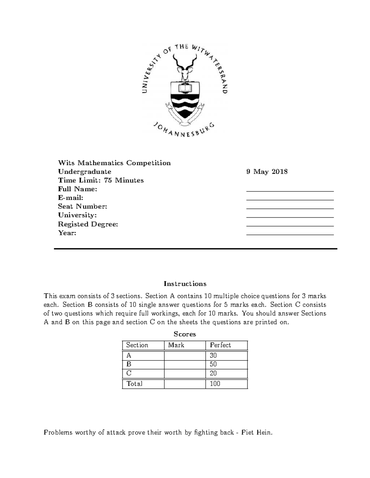 2018 UG - exam - Wits Mathematics Competition Undergraduate 9 May 2018 ...