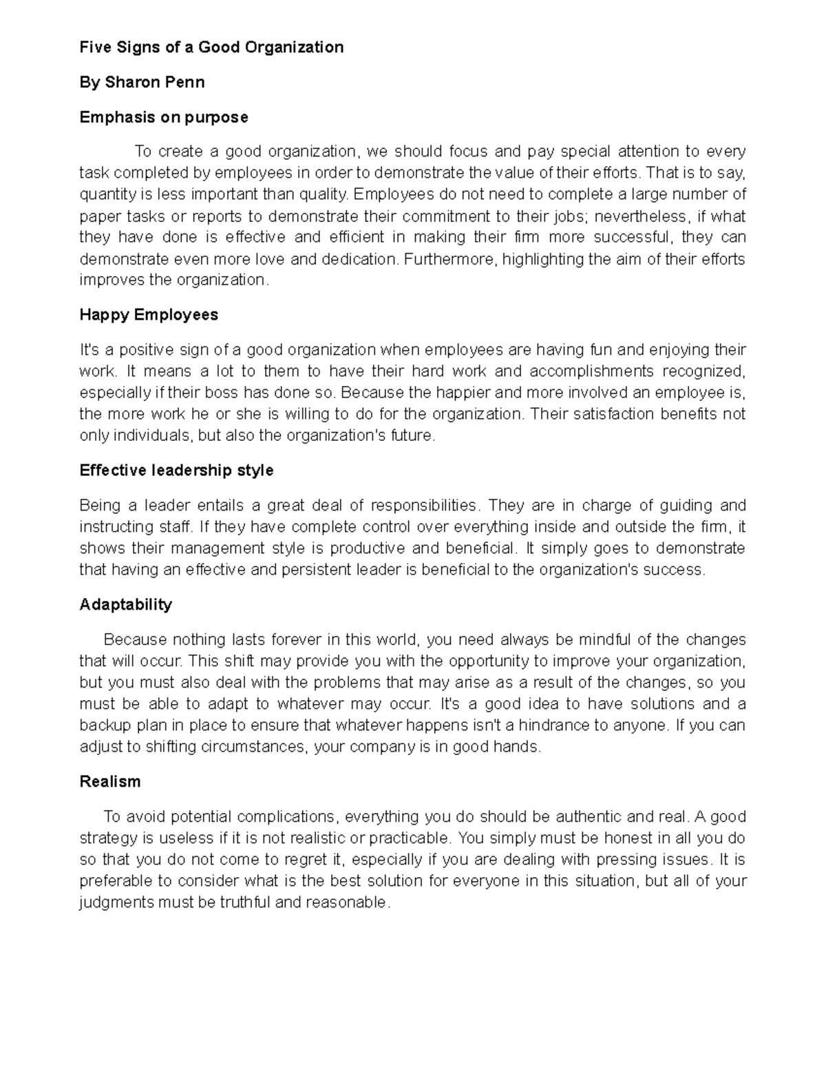 Signs of a Good Organization by Sharon Penn - Five Signs of a Good ...