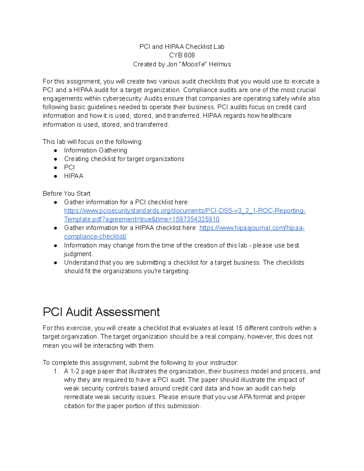 PCI and Hipaa Checklist Lab - PCI and HIPAA Checklist Lab CYB 608 ...