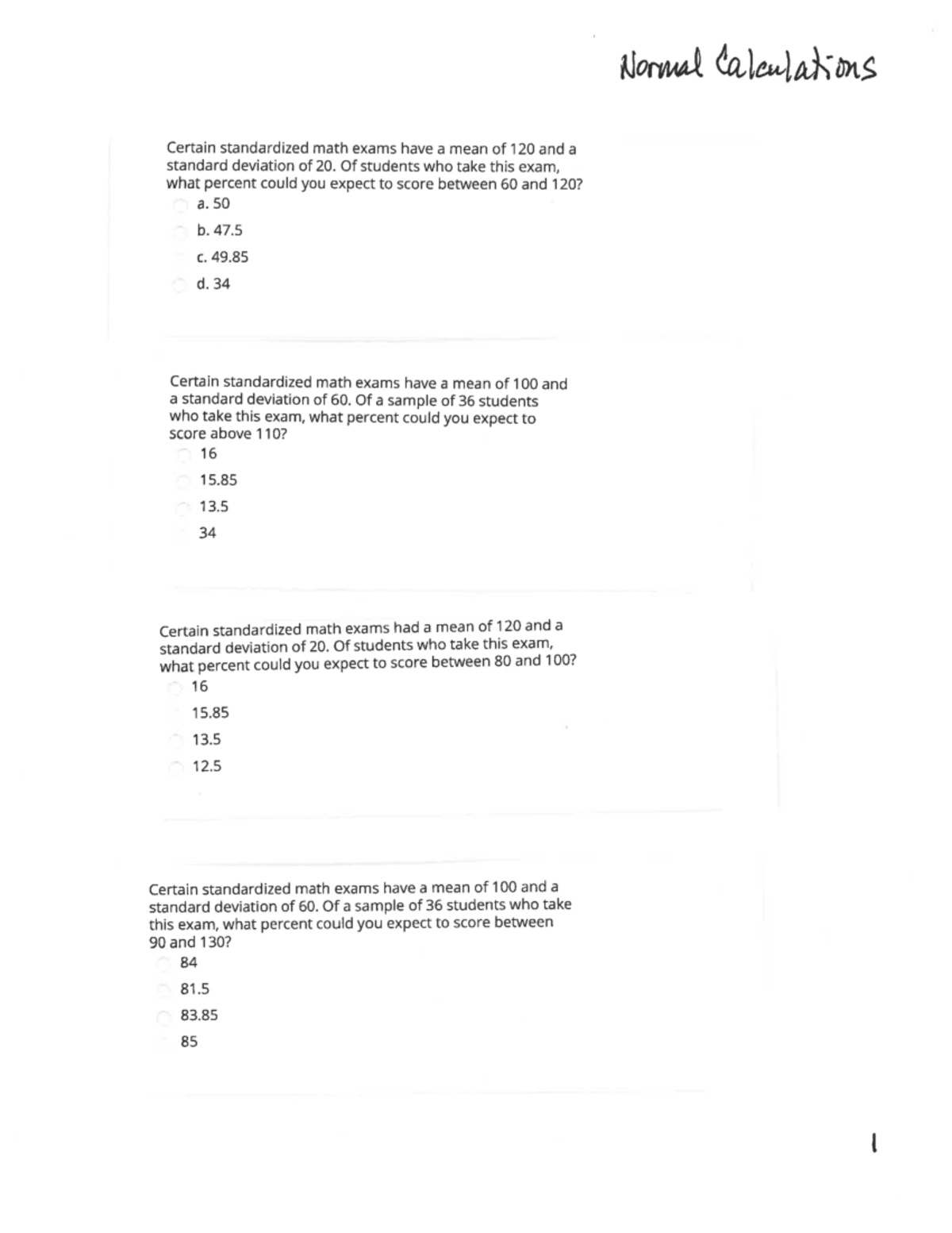 Normal Calculation Practice - MATH 1021 - Studocu