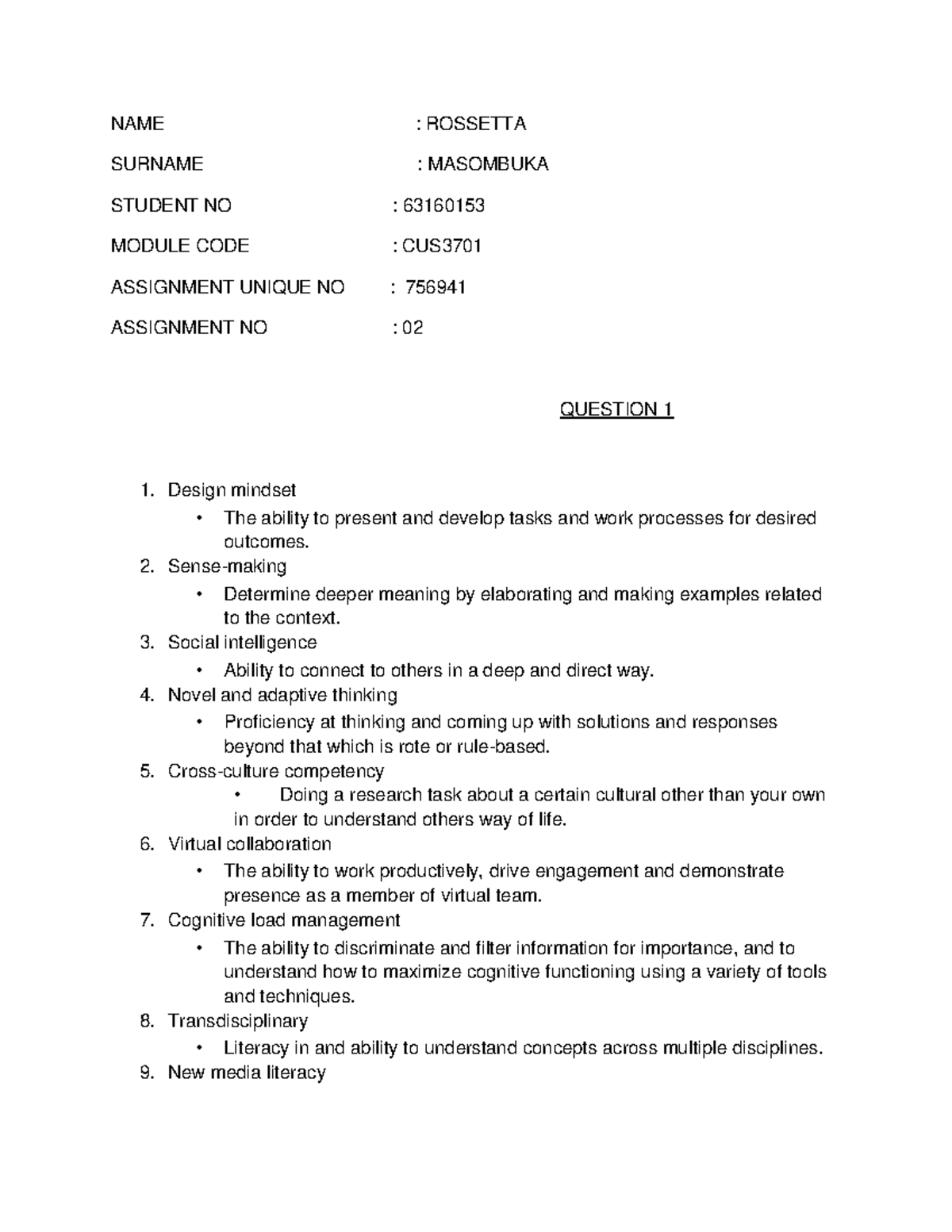 CUS3701 Assignment 02 - NAME : ROSSETTA SURNAME : MASOMBUKA STUDENT NO ...