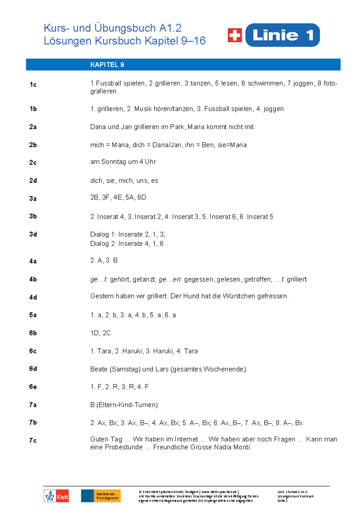 Linie 1 A1.2 CH KB Loesungen - Lösungen Kursbuch Kapitel 9– © Ernst ...