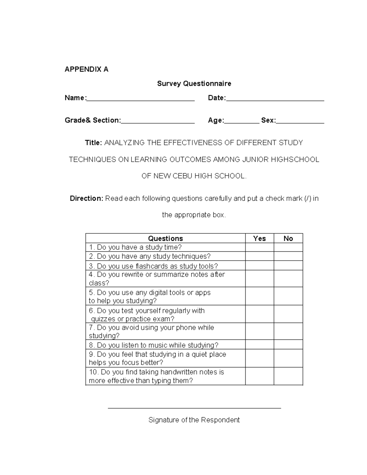 CDO - .... - APPENDIX A Survey Questionnaire Name: Date: Grade& Section ...