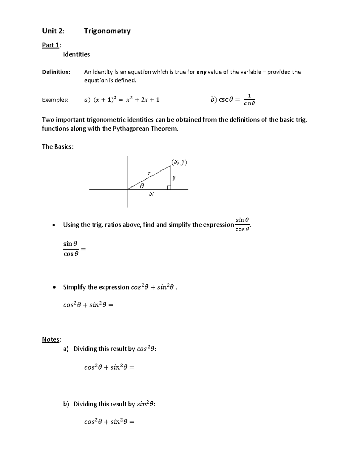 Trig. Identities - Unit 2 - Unit 2: Trigonometry Part 1: Identities ...
