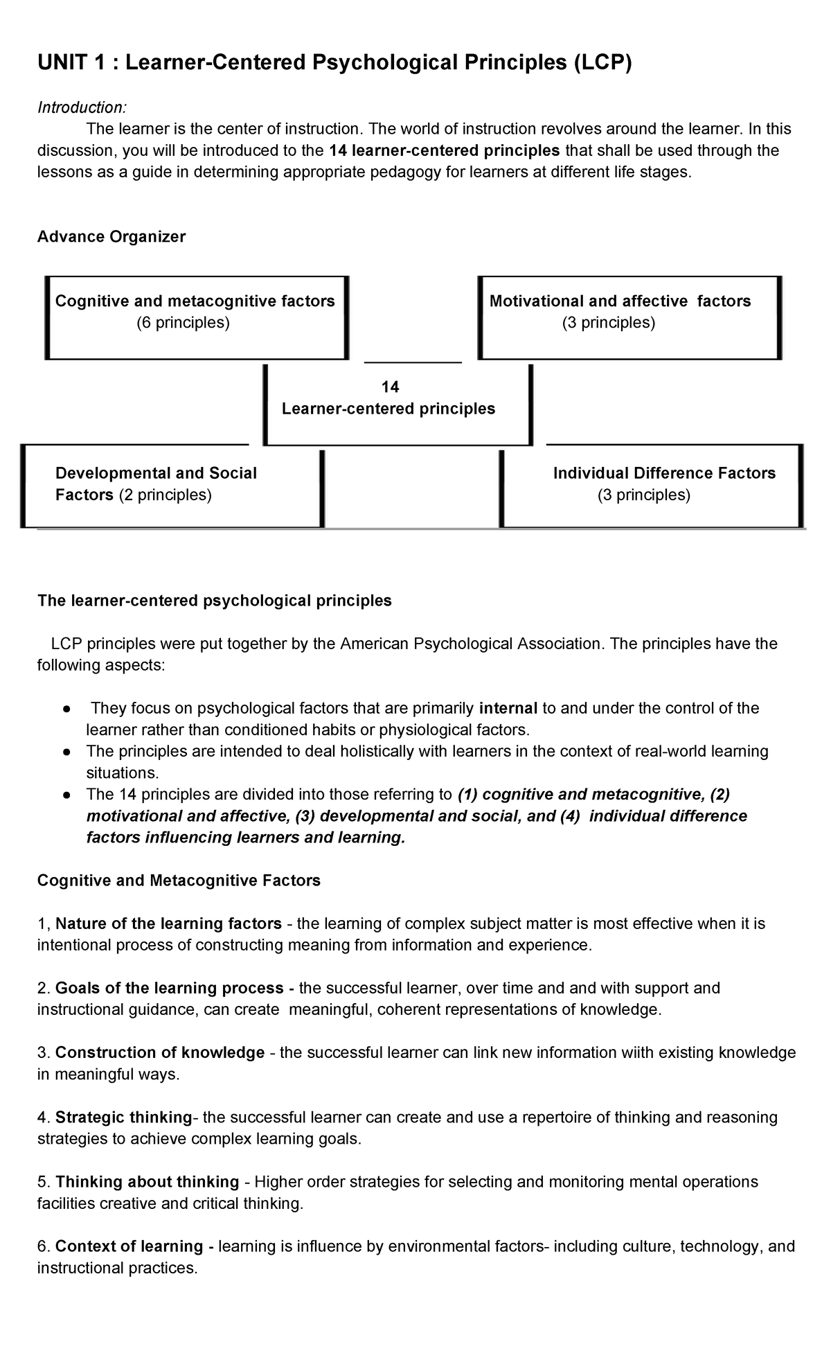 UNIT 1 Learner-Centered Psychological Principles (LCP) - UNIT 1 : Learner-Centered Psychological ...