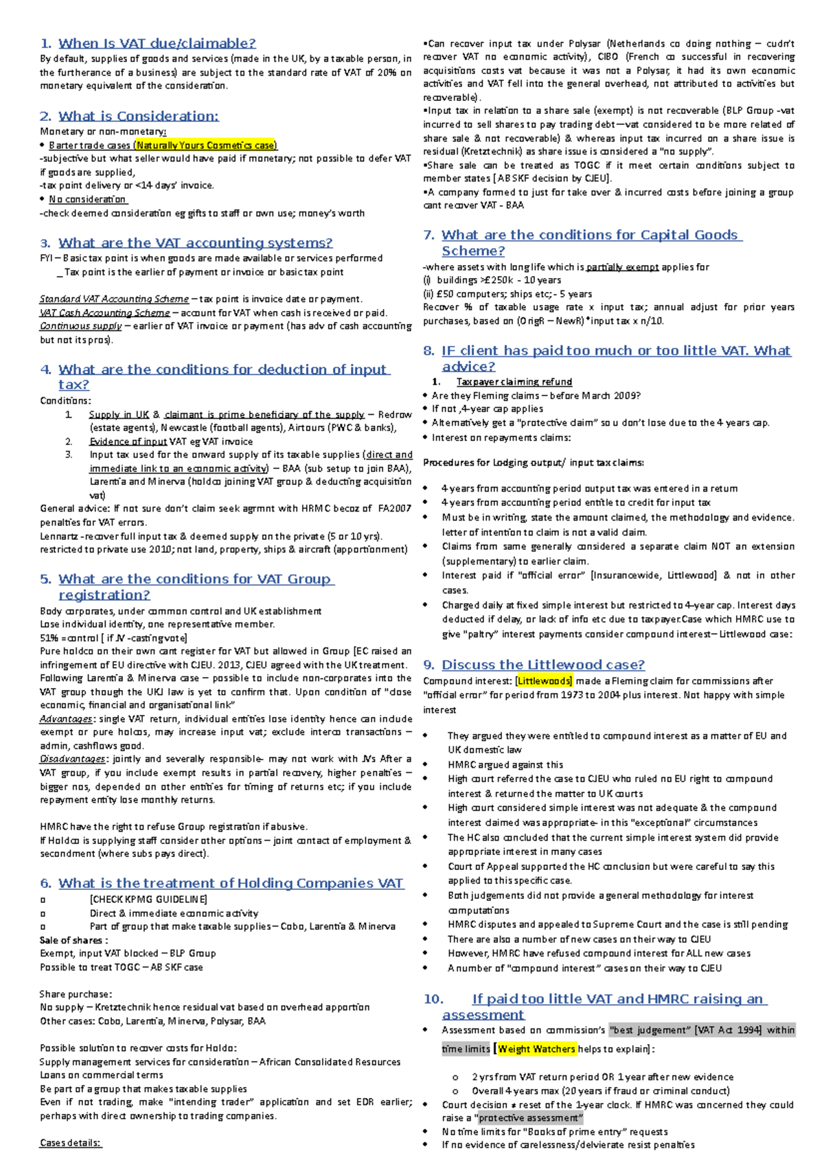 VAT Notes - 1. When Is VAT due/claimable? By default, supplies of goods ...