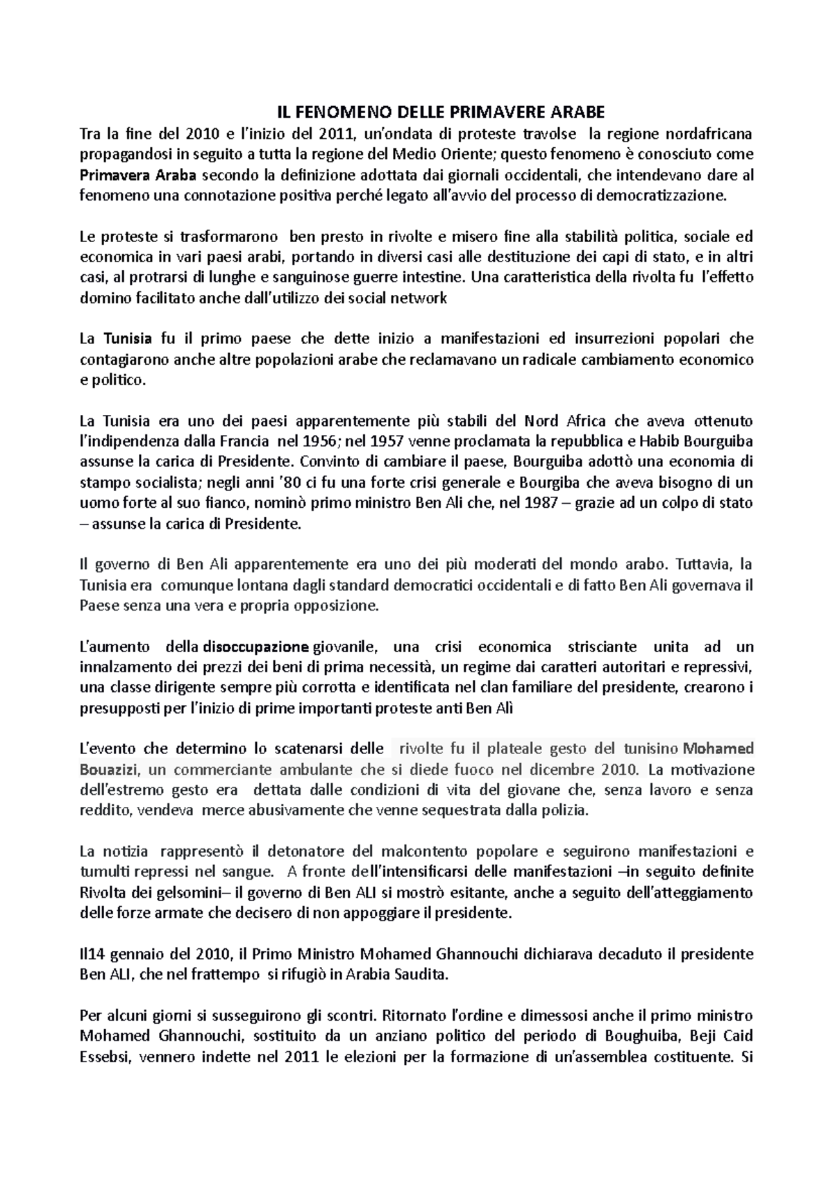 IL Fenomeno Delle Primavere Arabe - IL FENOMENO DELLE PRIMAVERE ARABE Tra la fine del 2010 e ...