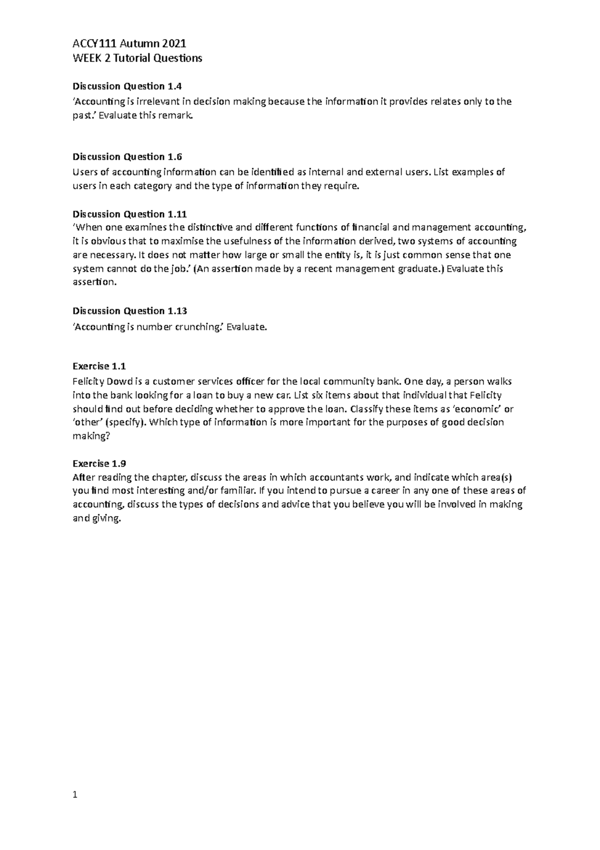 ACCY 111 Autumn 2021 Week 2 tutorial questions - ACCY111 Autumn 2021 ...