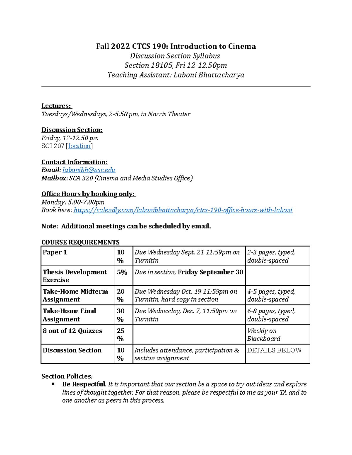 LB Section Syllabus Fri 12-12.50pm(2) - Fall 2022 CTCS 190 ...