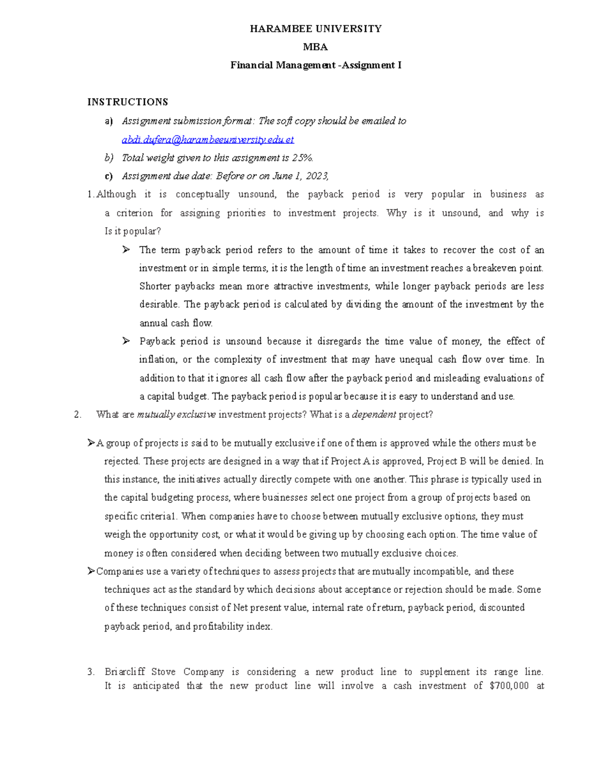 FM assign - HARAMBEE UNIVERSITY MBA Financial Management -Assignment I ...