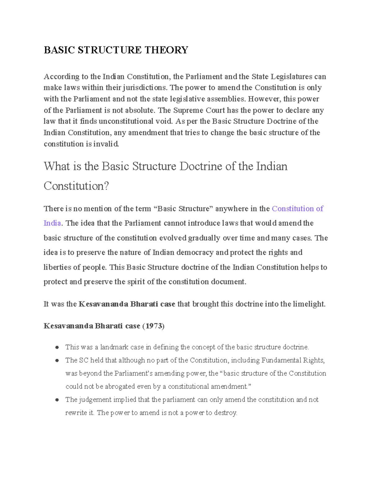 UNIT 5 Consti - BASIC STRUCTURE THEORY According to the Indian ...