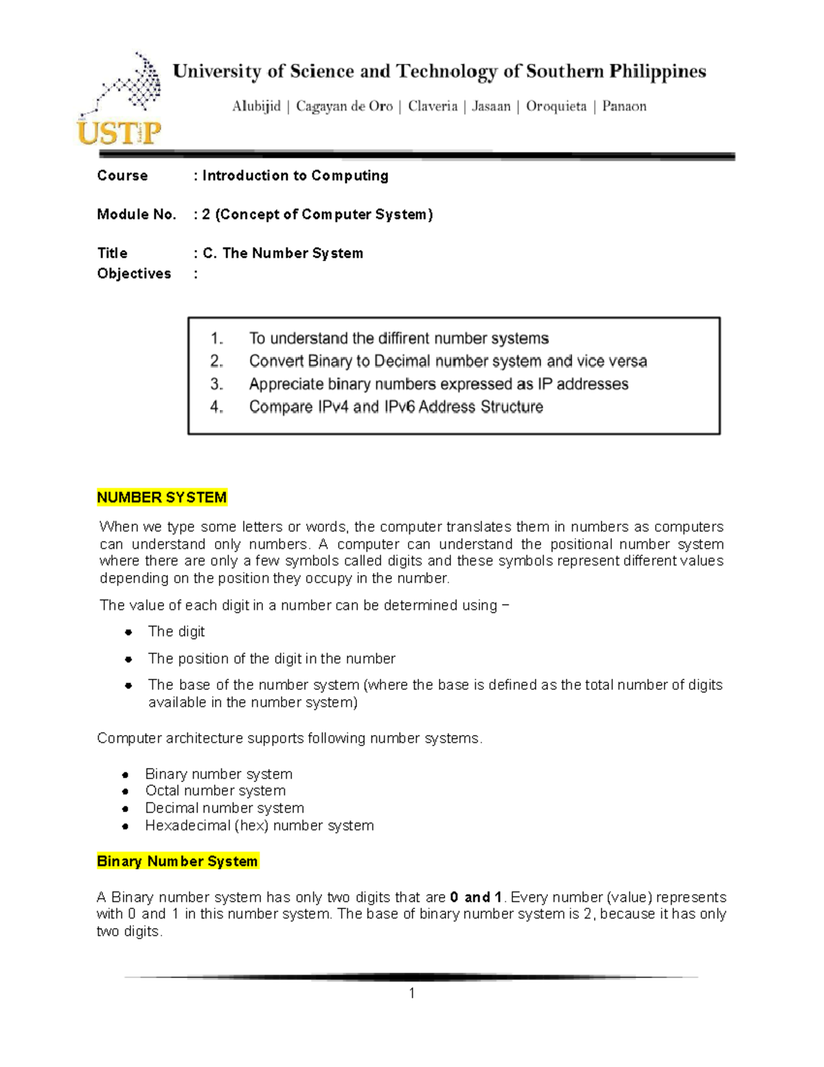 The Number System - Course : Introduction to Computing Module No. : 2 (Concept of Computer ...