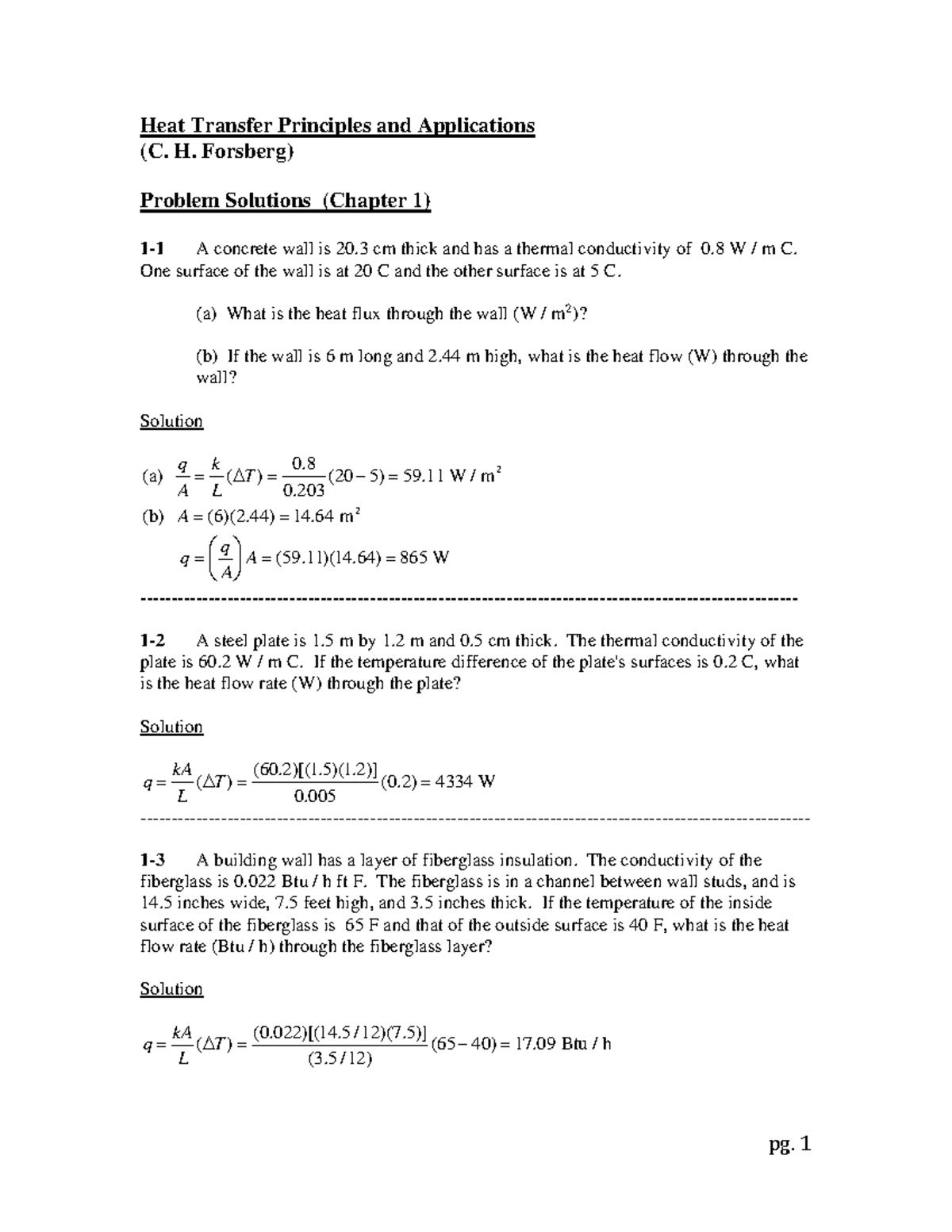Chapter 1 Problem Solutions - Heat Transfer Principles and Applications (C. H. Forsberg) Problem ...