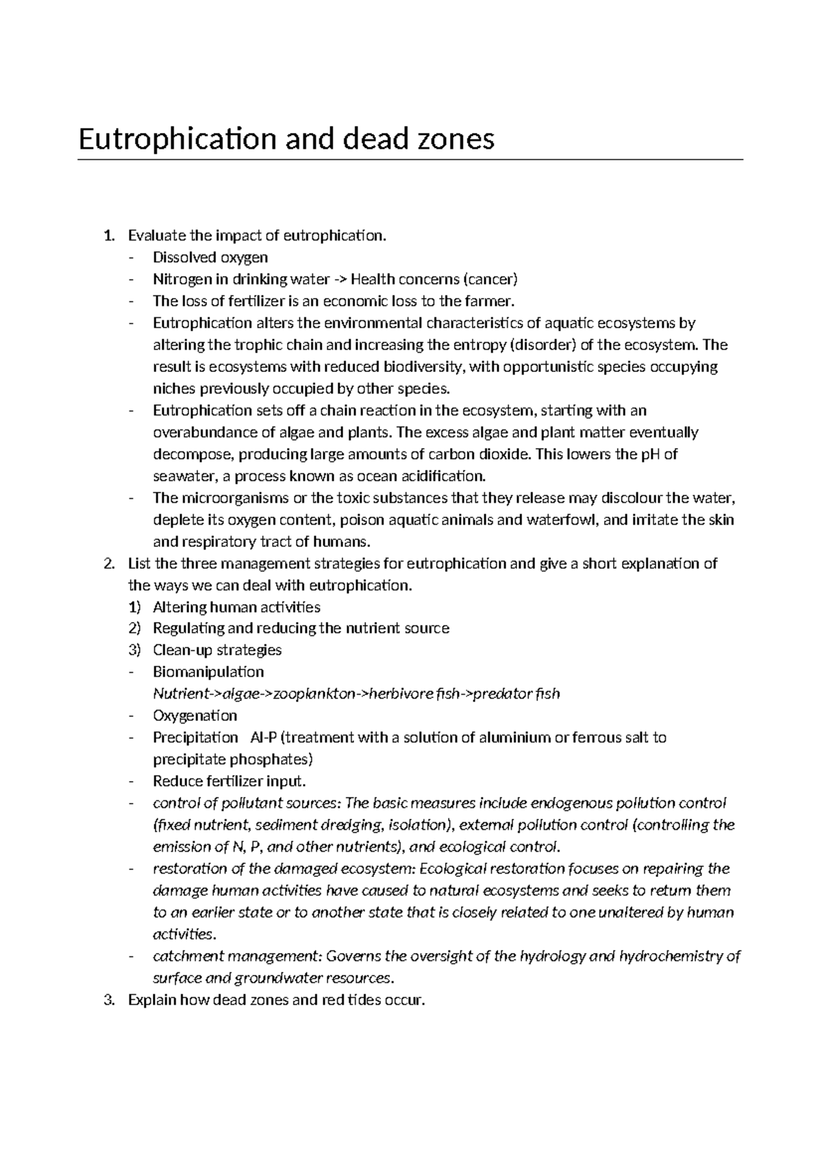 Eutrophication and dead zones - Evaluate the impact of eutrophication ...