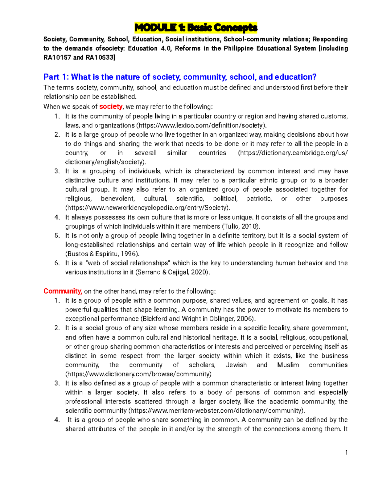 The Teacher and The Community 123 - MODULE 1: Basic Concepts Society ...