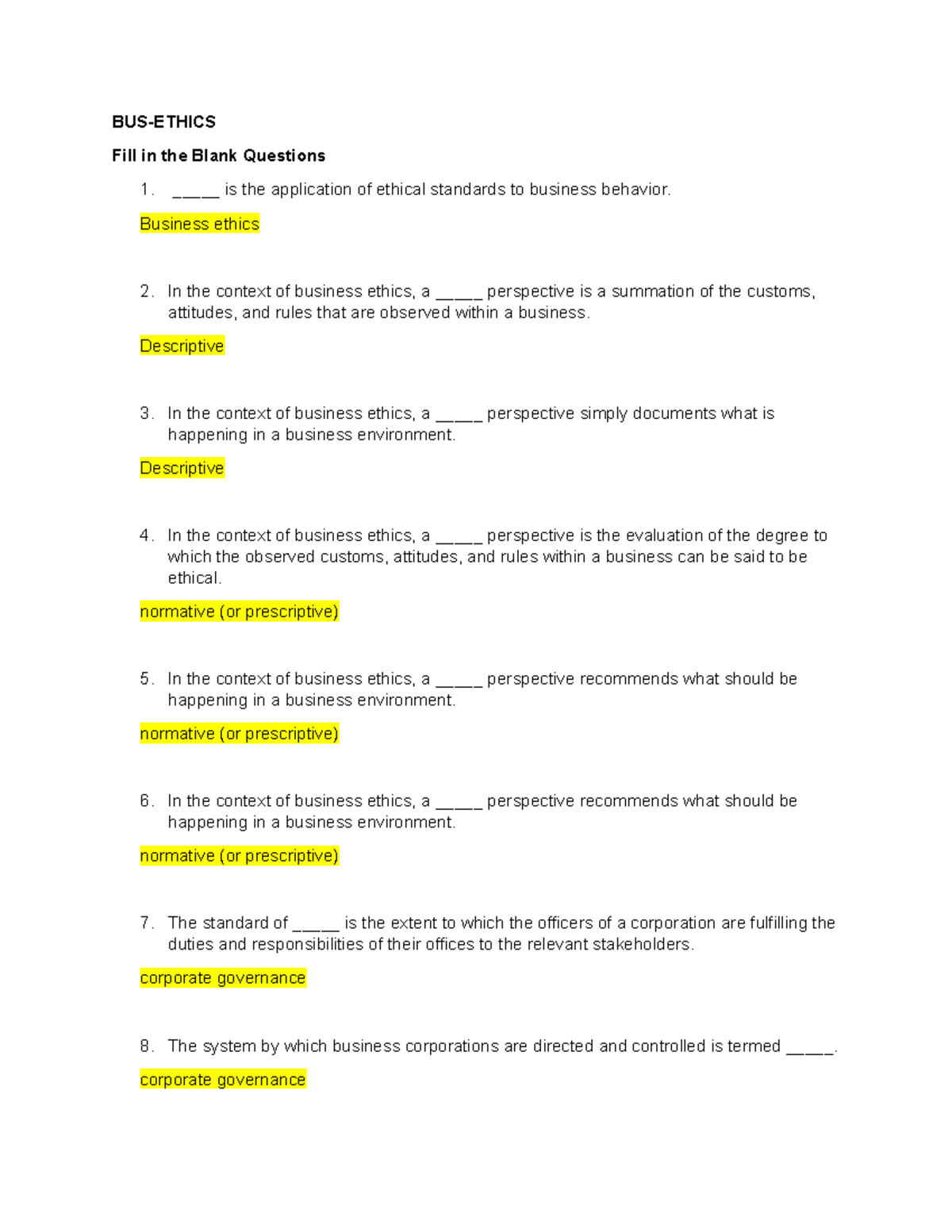BUS- Ethics Fill in the blanks - BUS-ETHICS Fill in the Blank Questions ...
