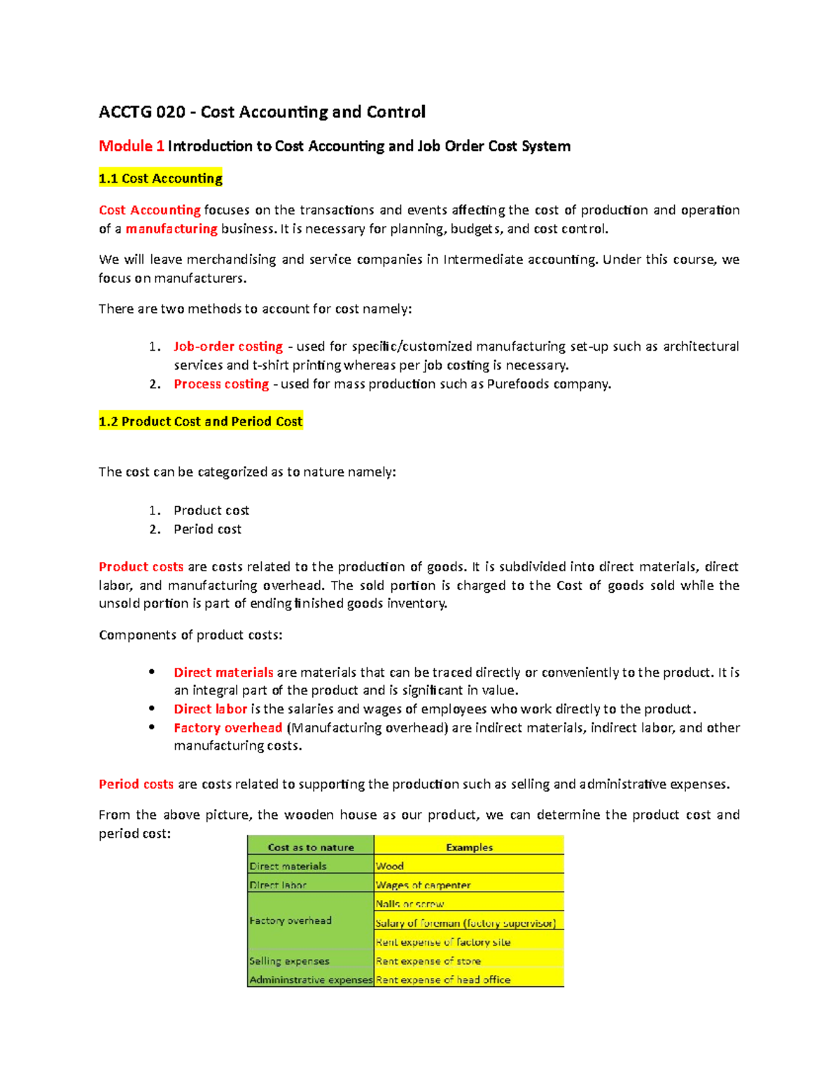Acctg 020 - Cost Accounting and Control - ACCTG 020 - Cost Accouning ...