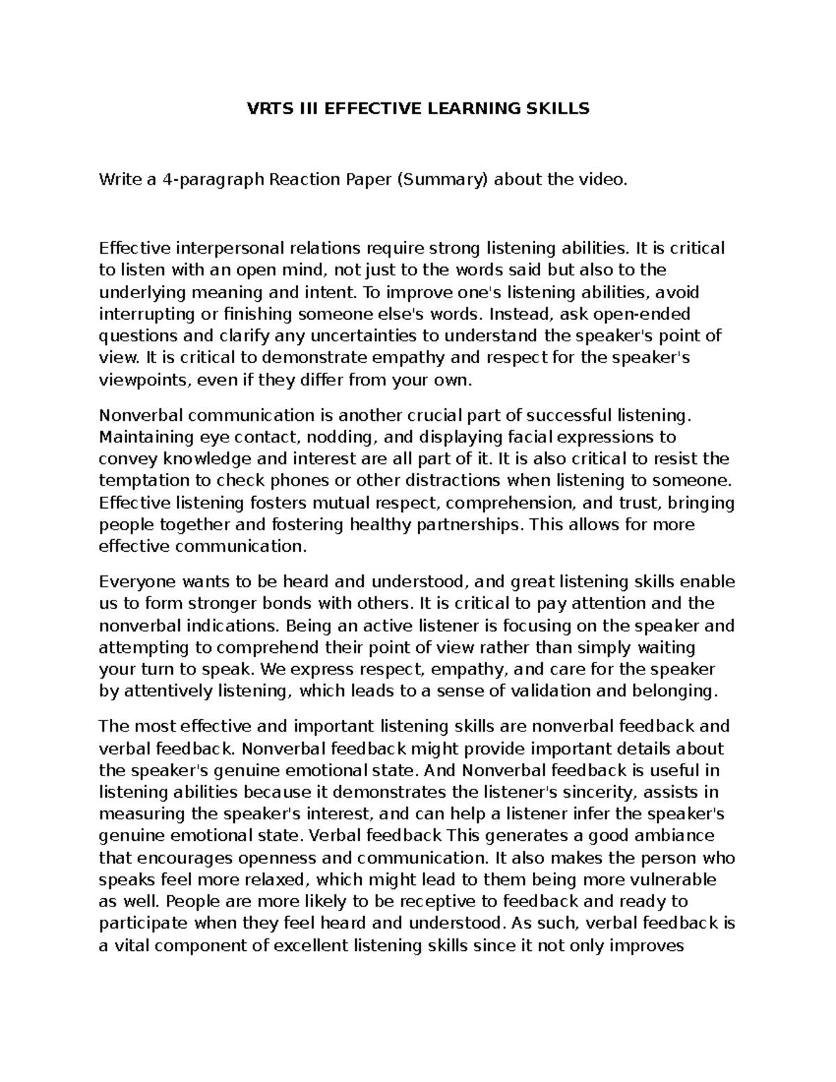 Vrtsiii- Effective Listening Skills - VRTS III EFFECTIVE LEARNING ...