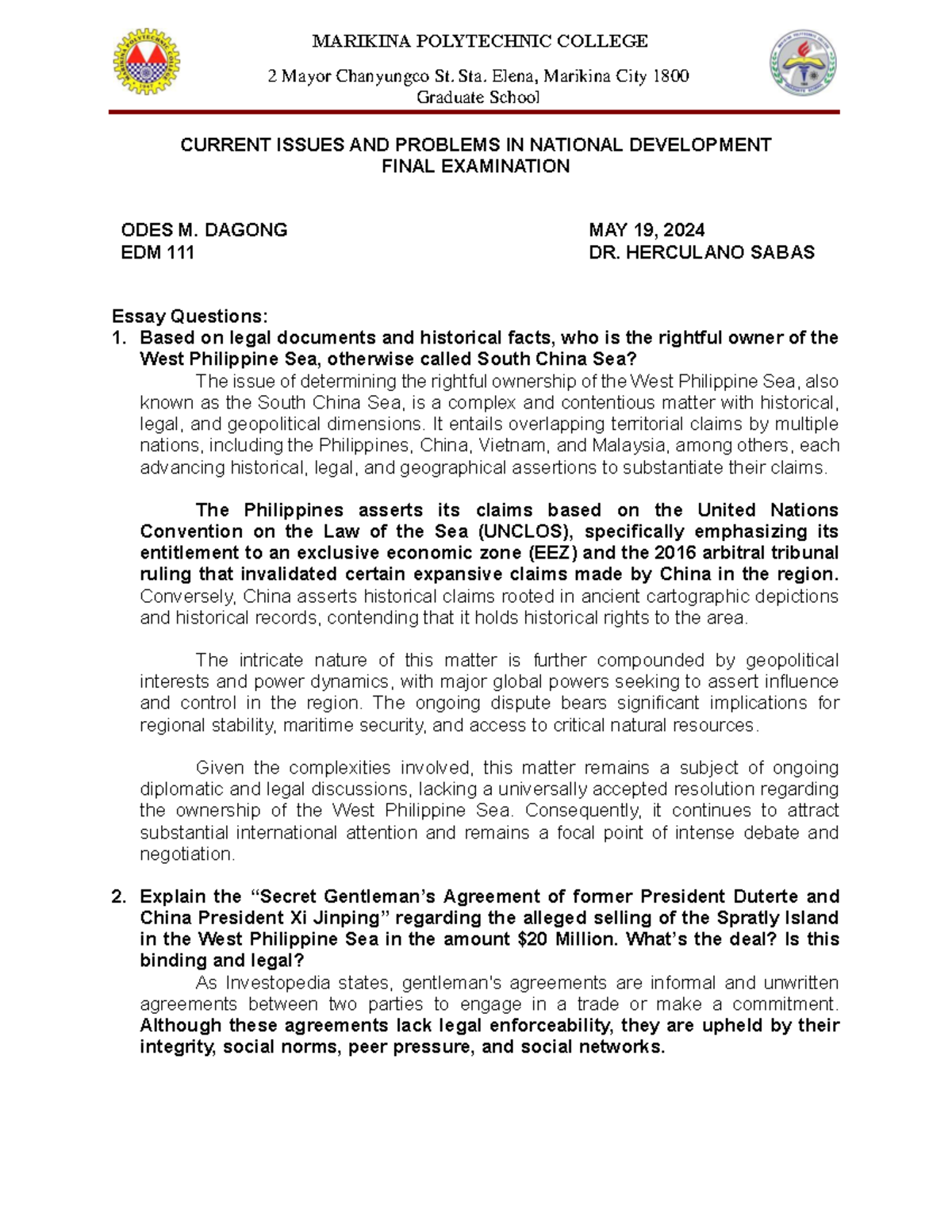 Current Issues AND Problems IN National Development. Final Examinations ...