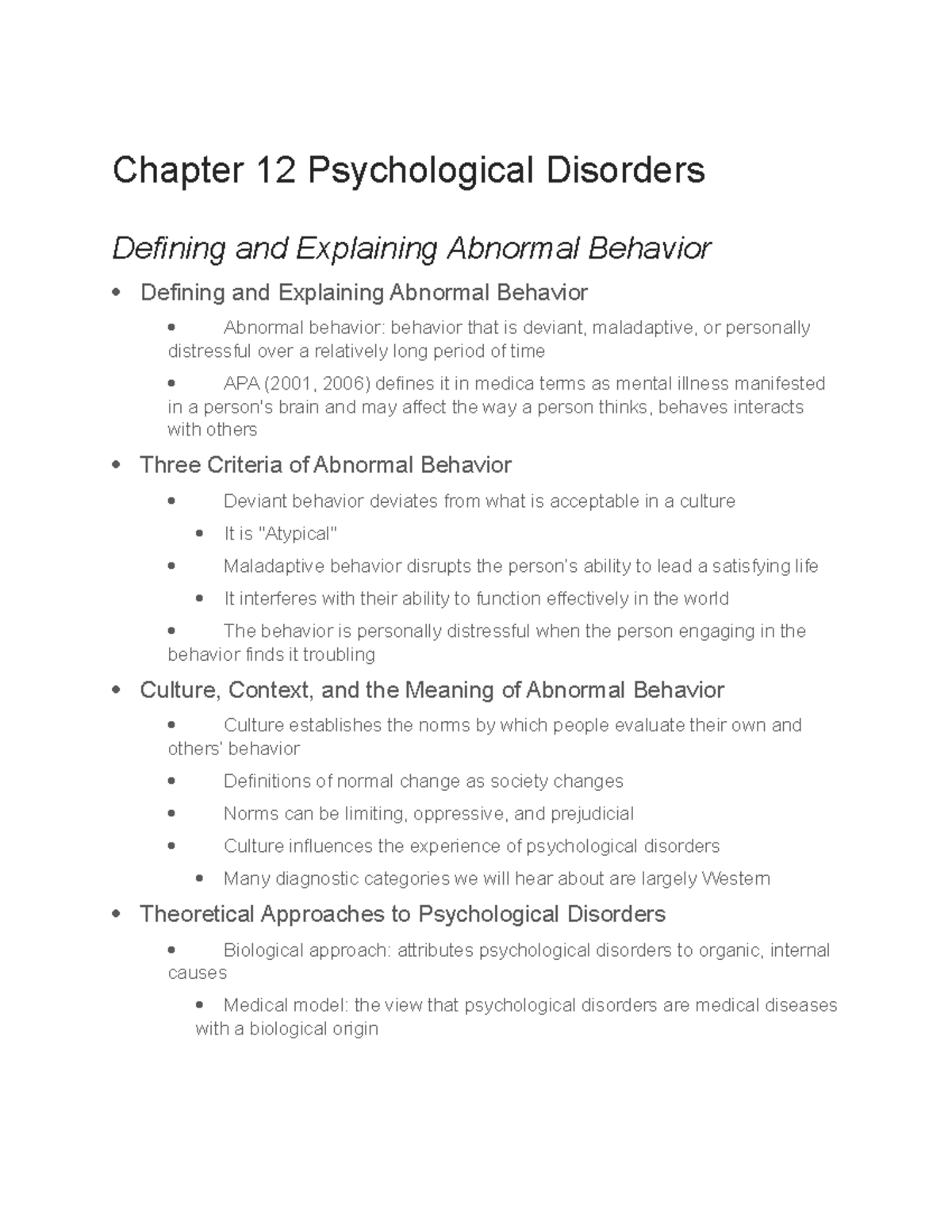 Chapter 12 Psych Notes - Chapter 12 Psychological Disorders Defining ...