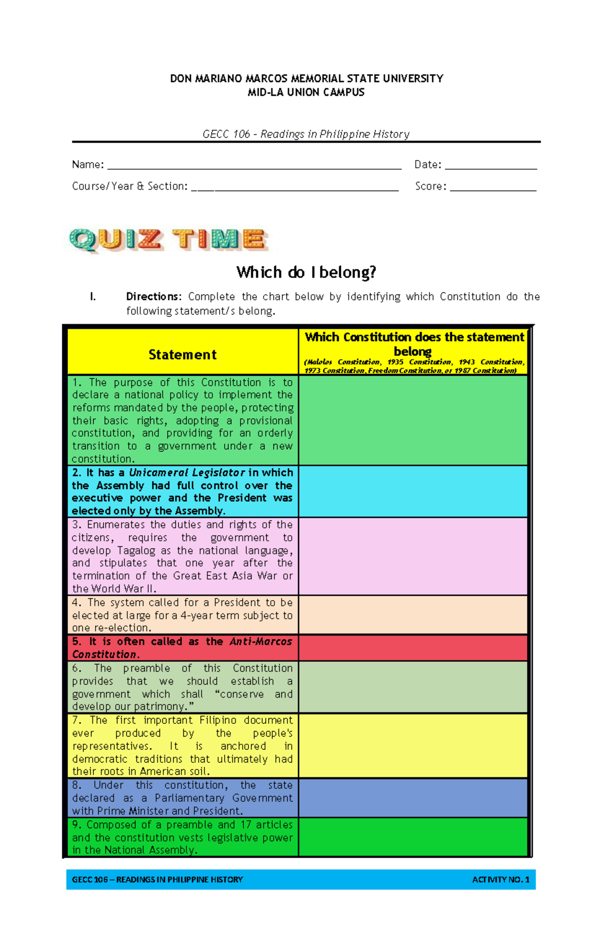 Quiz No. 1 - Lecture notes - DON MARIANO MARCOS MEMORIAL STATE ...